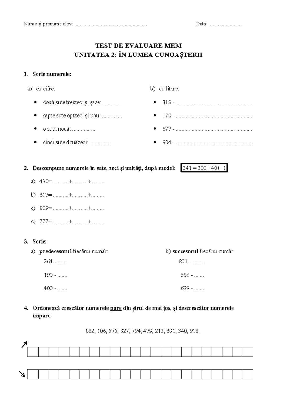 Test de Evaluare MEM U2: În Lumea Cunoașterii - 25.10.2023 - Studocu