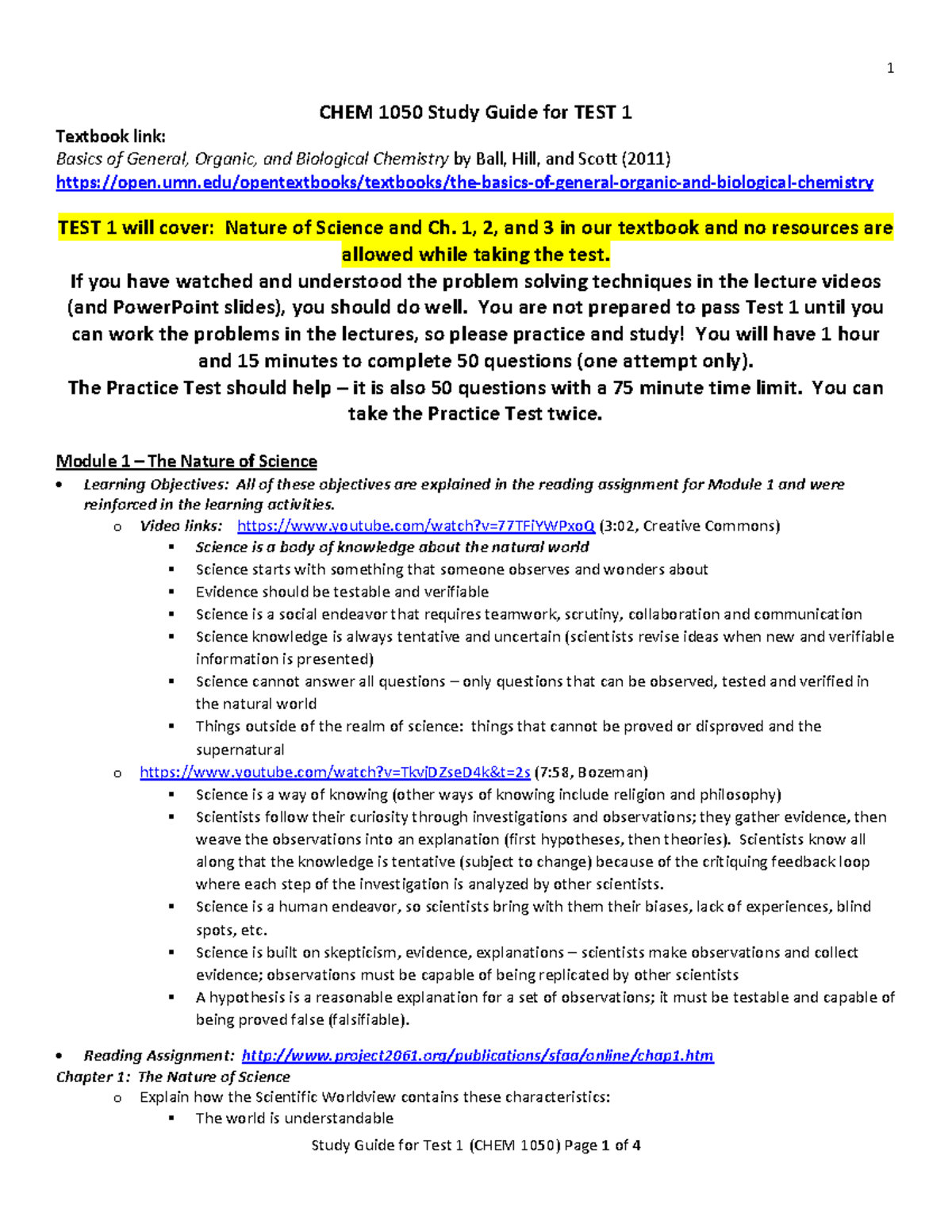 Study Guide for Test 1 (CHEM 1050): Key Concepts & Learning Objectives ...