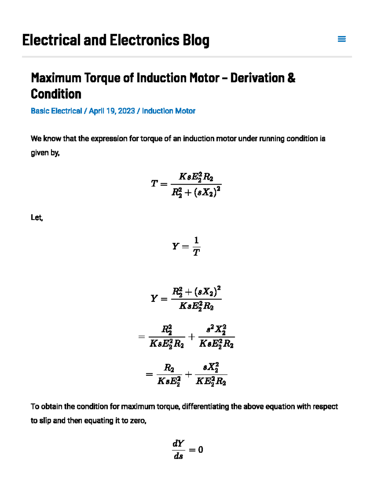Maximum Torque Condition Derivation for Induction Motor - Studocu