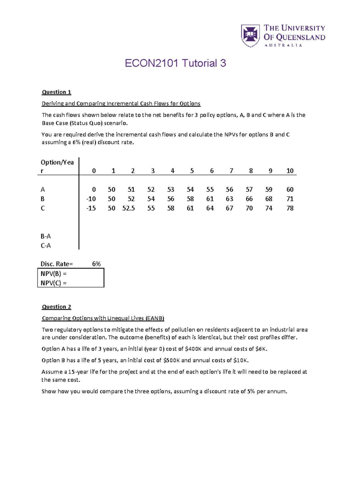 ECON2101 Tutorial 3: Incremental Cash Flows & NPV Analysis - Studocu