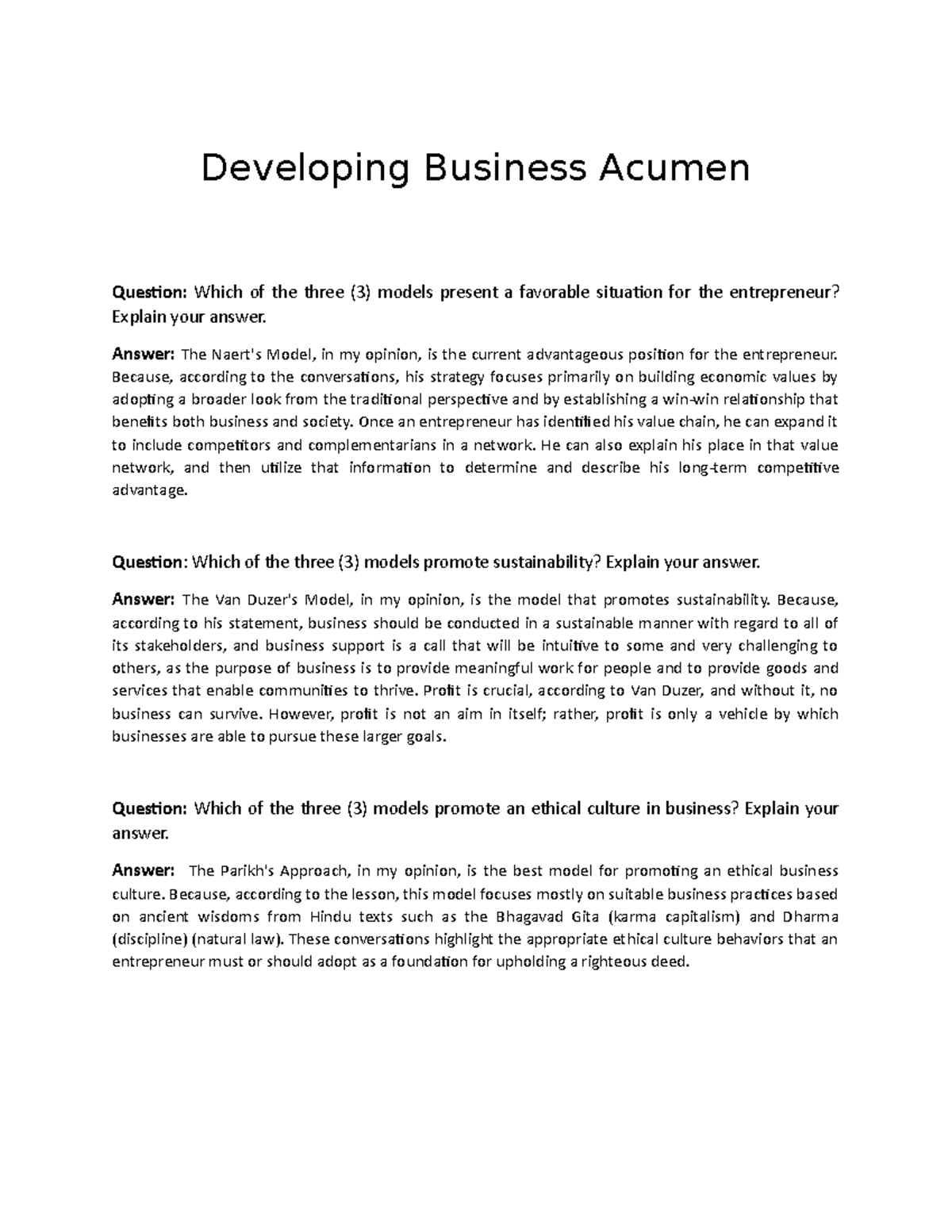 ENTR 101 - Developing Business Acumen: Models for Entrepreneurs - Studocu
