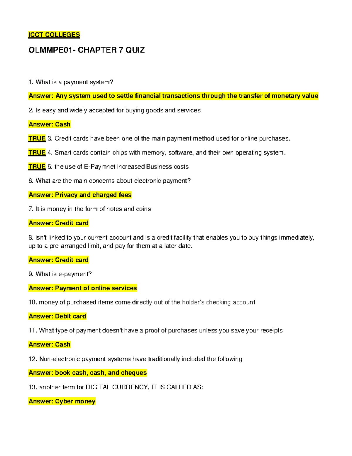 OLMMPE 01 - Chapter 7 Quiz on Payment Systems and E-Payments - Studocu