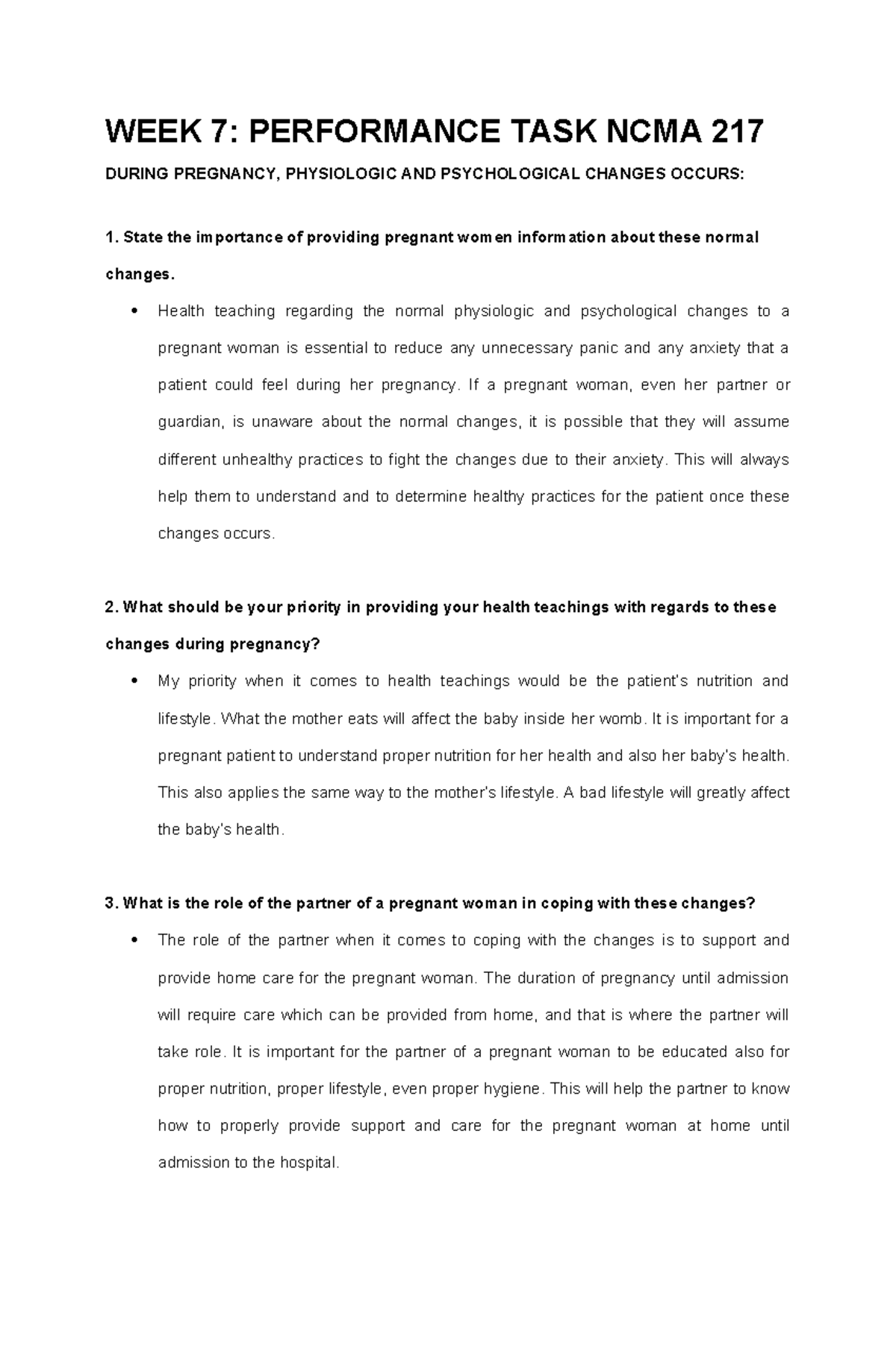 NCMA 217 WEEK 7 - Performance TASK - WEEK 7: PERFORMANCE TASK NCMA 217 DURING PREGNANCY ...