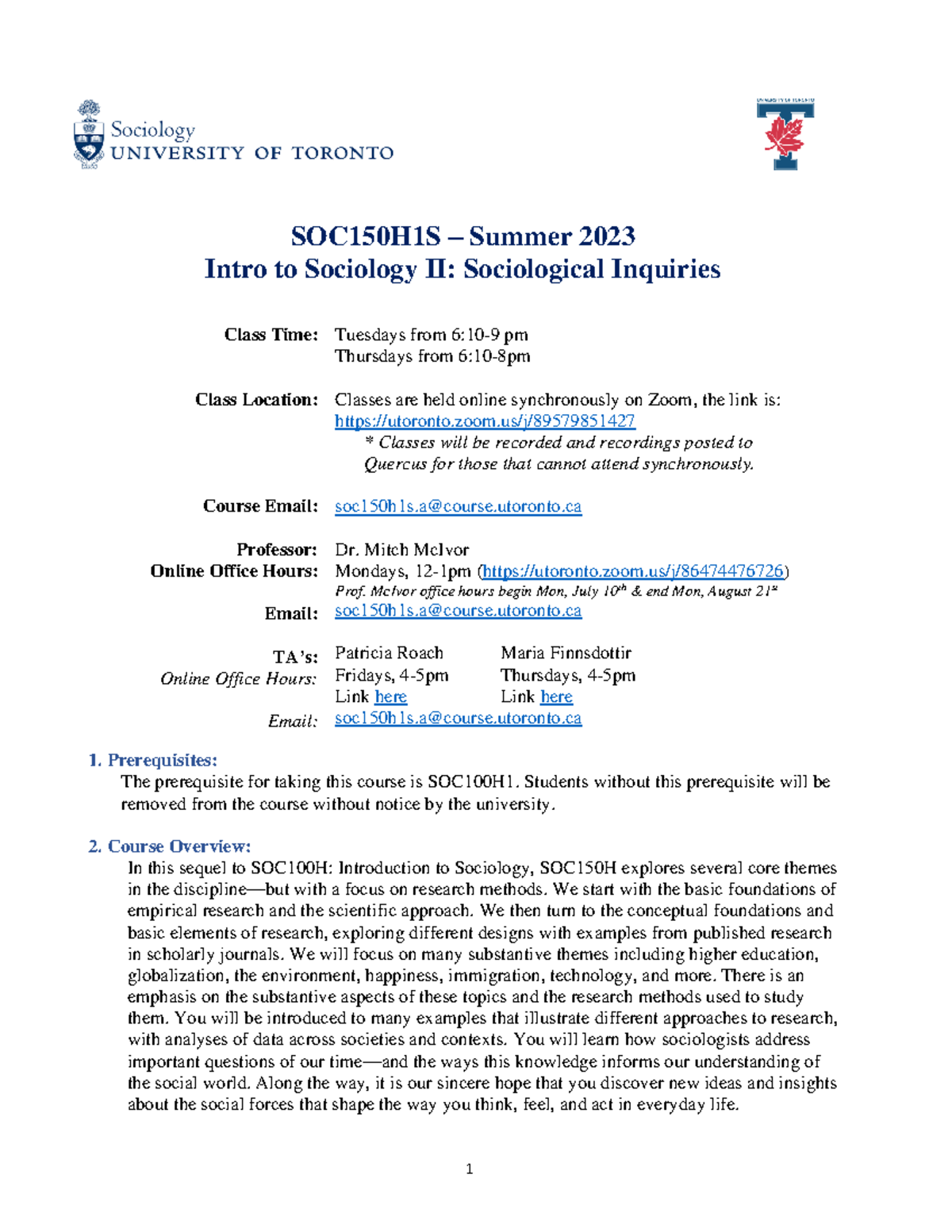 SOC150H1S Lecture 1 Reading - Syllabus Overview for Summer 2023 - Studocu