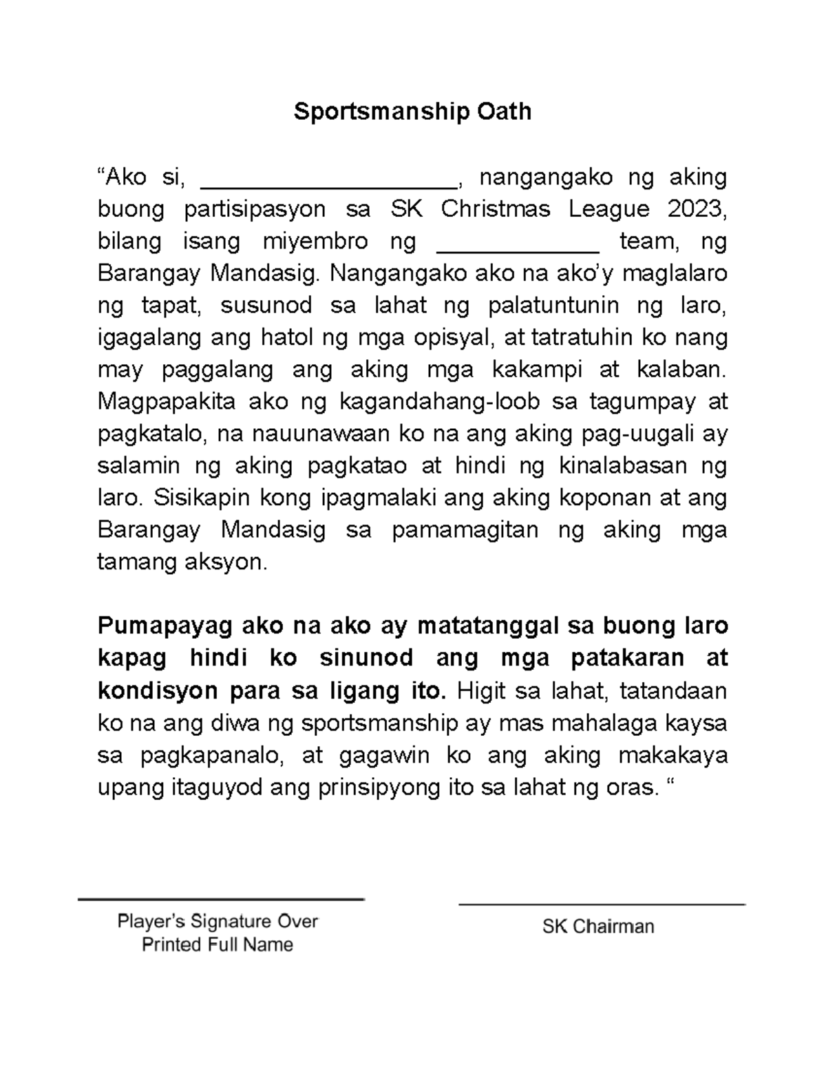 Sportsmanship Oath for SK Christmas League 2023 - Studocu