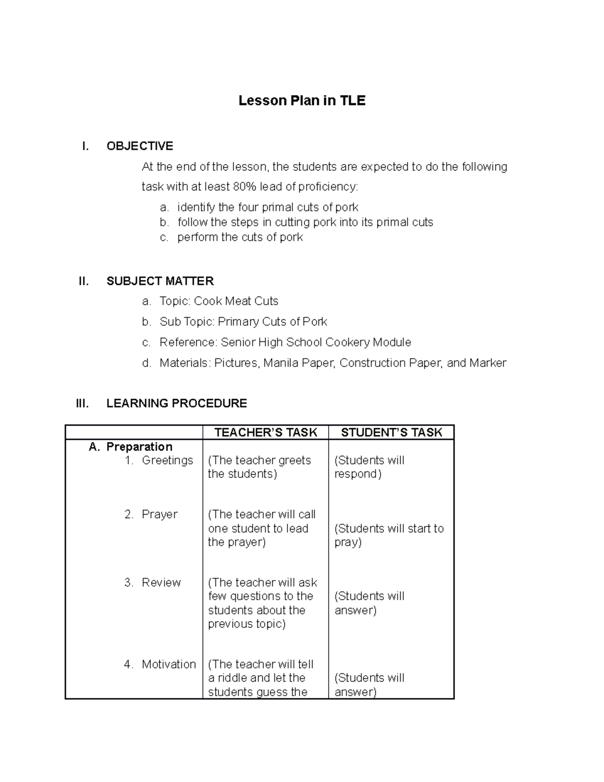 TLE 101: Lesson Plan on Pork Cuts and Their Preparation - Studocu