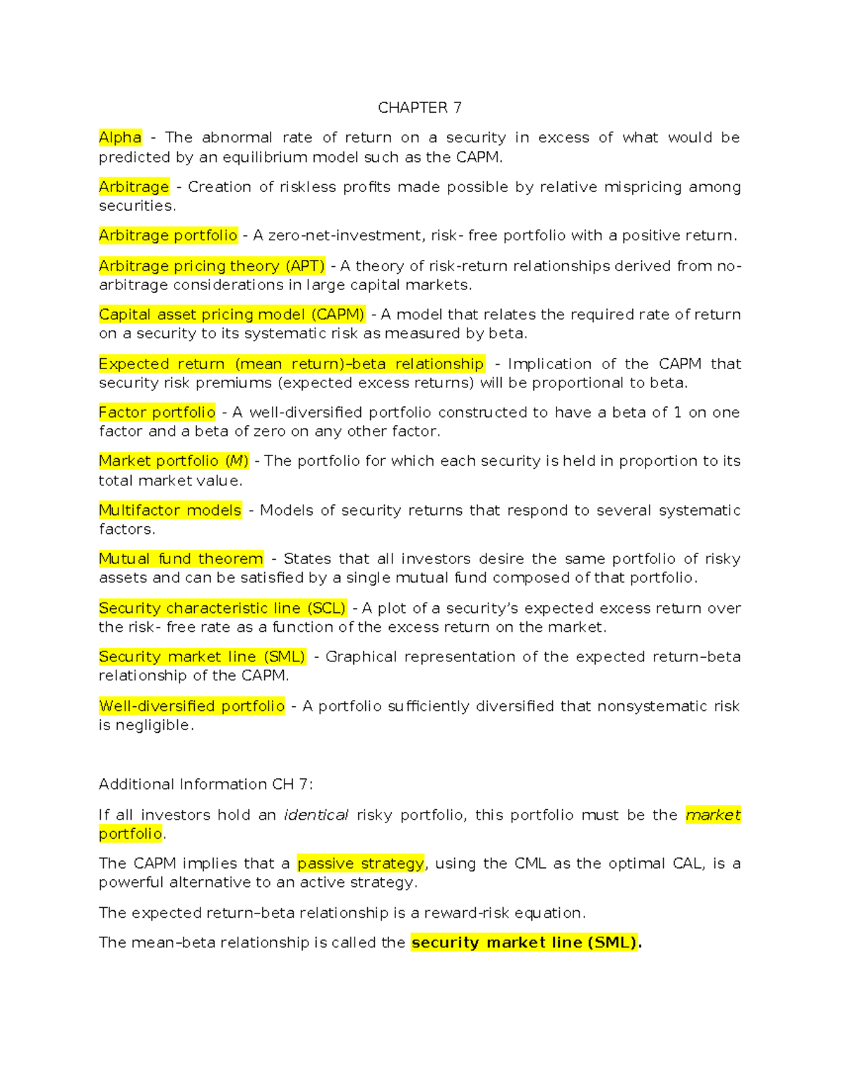 Fin market chapter 7 reviewer - CHAPTER 7 Alpha - The abnormal rate of ...