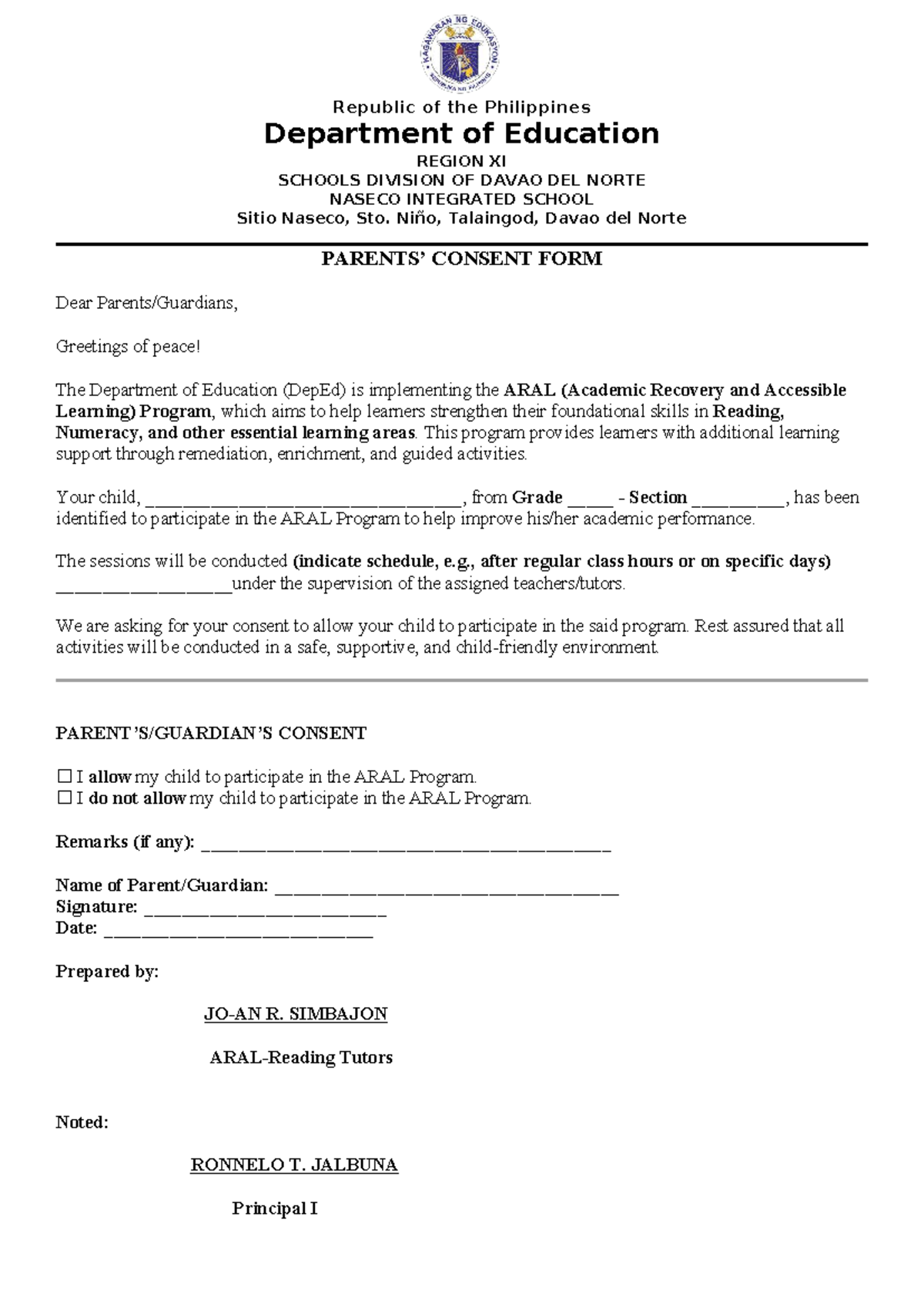 Parent Consent Form for ARAL Program Participation - Studocu
