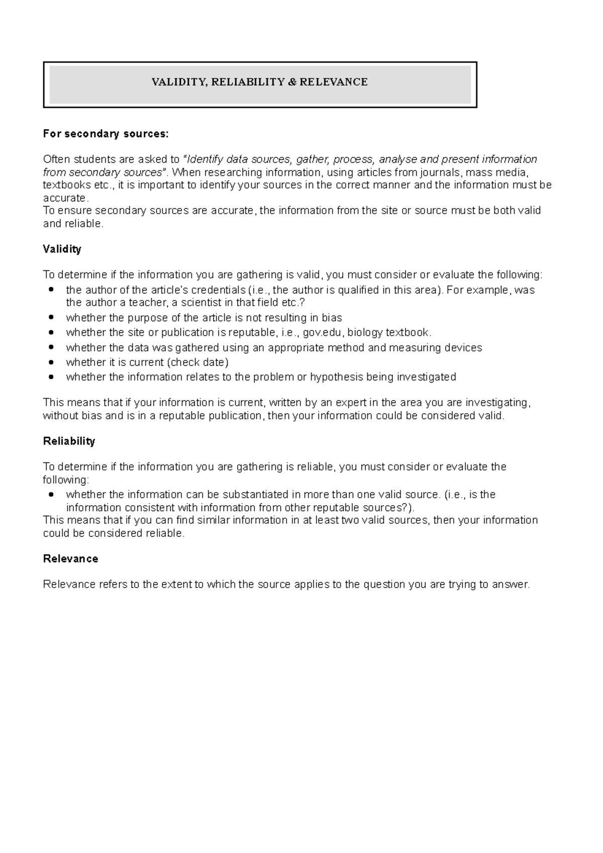 Validity, Reliability & Relevance of Secondary Sources in Research ...