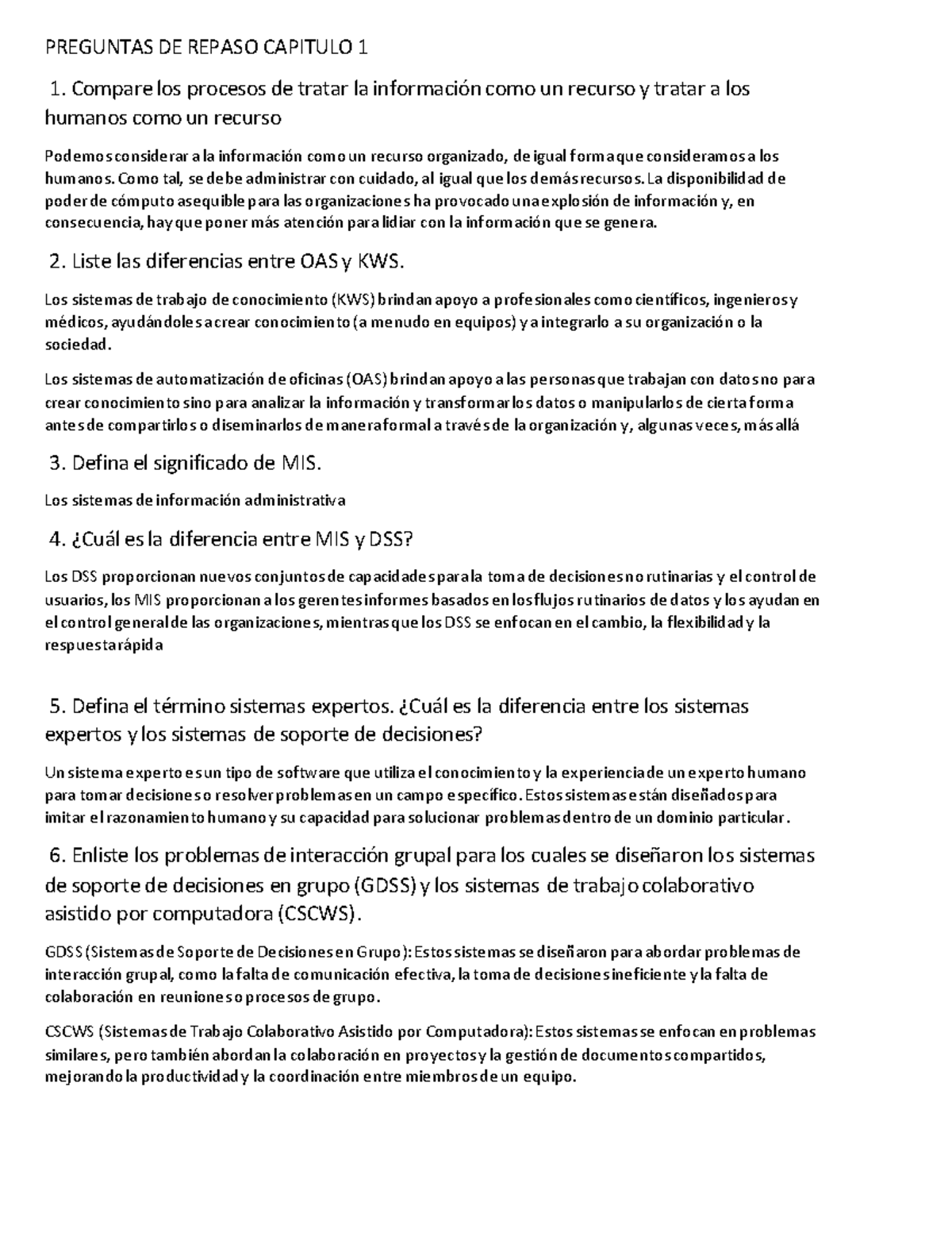 Repaso de Preguntas Capítulos 1 y 2 - Curso de Sistemas de Información ...
