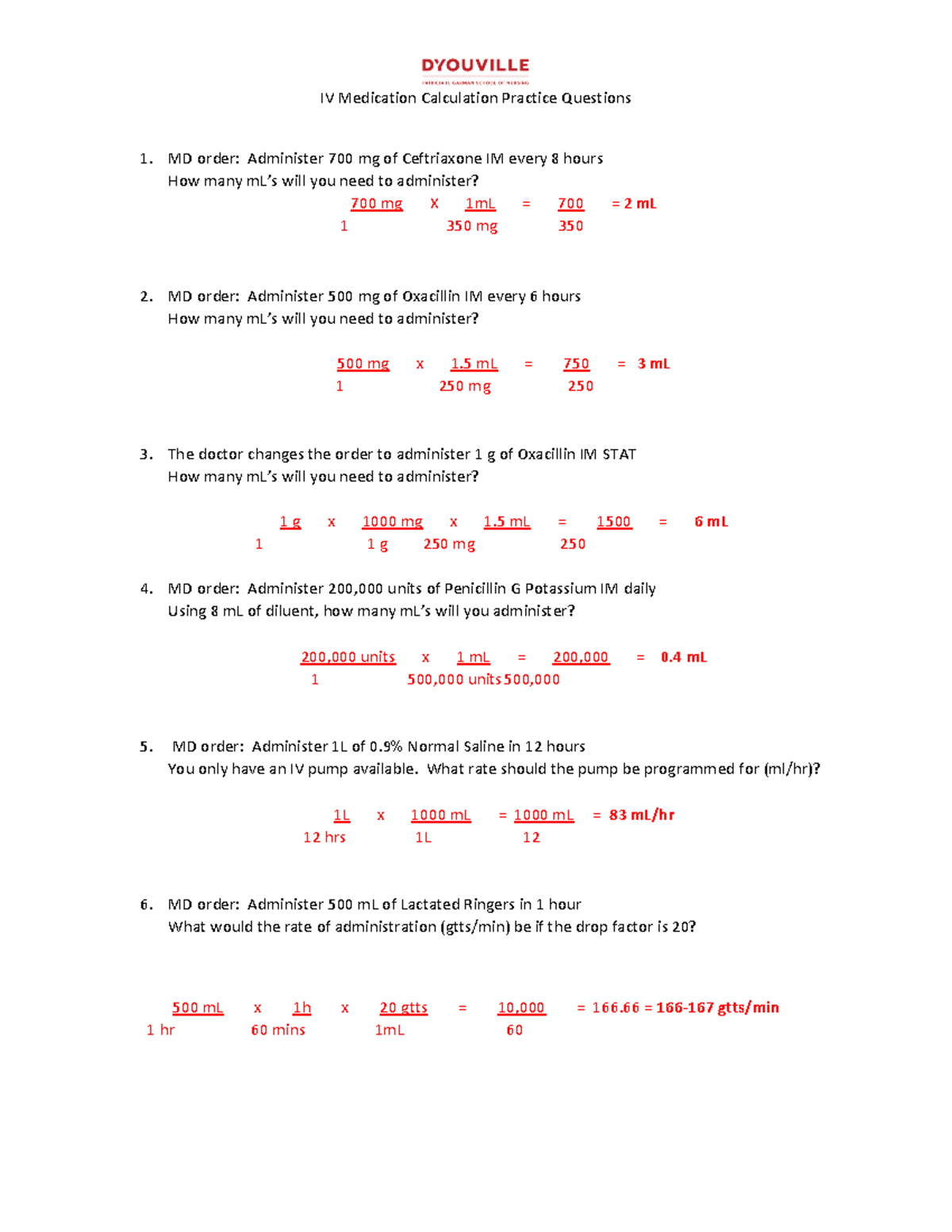 IV Medication Calculation Practice Questions - Answer KEY - Studocu