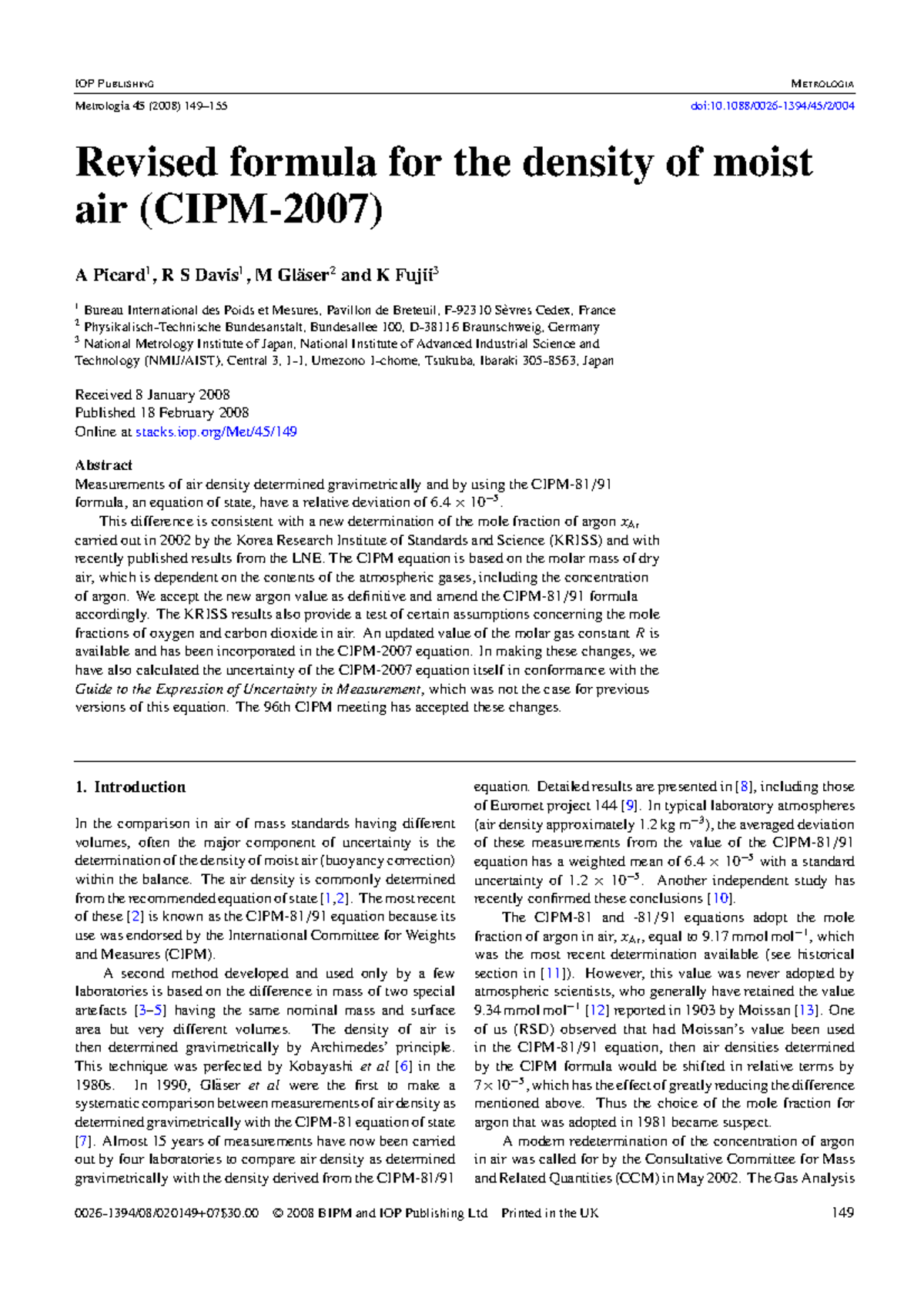 Revised Density of Moist Air Formula: Metrologia 45 (2008) Insights ...
