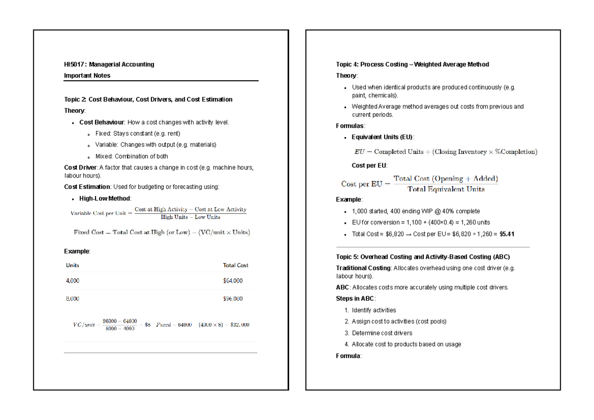 HI5017: Managerial Accounting Important Notes on Costing Methods - Studocu