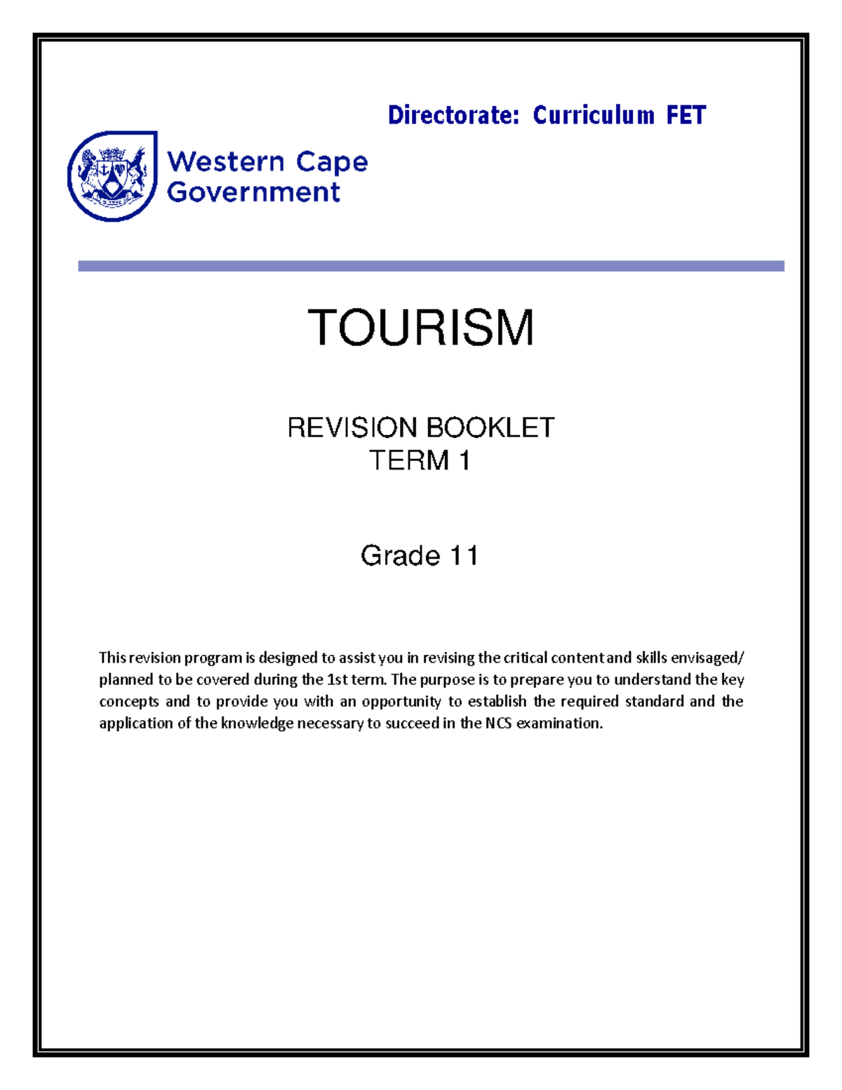 Tourism Revision Booklet for Grade 11 - Term 1 (T1) - Studocu