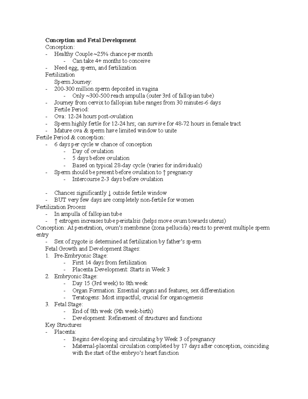 Women's Health Notes - Unit 1: Conception and Fetal Development ...