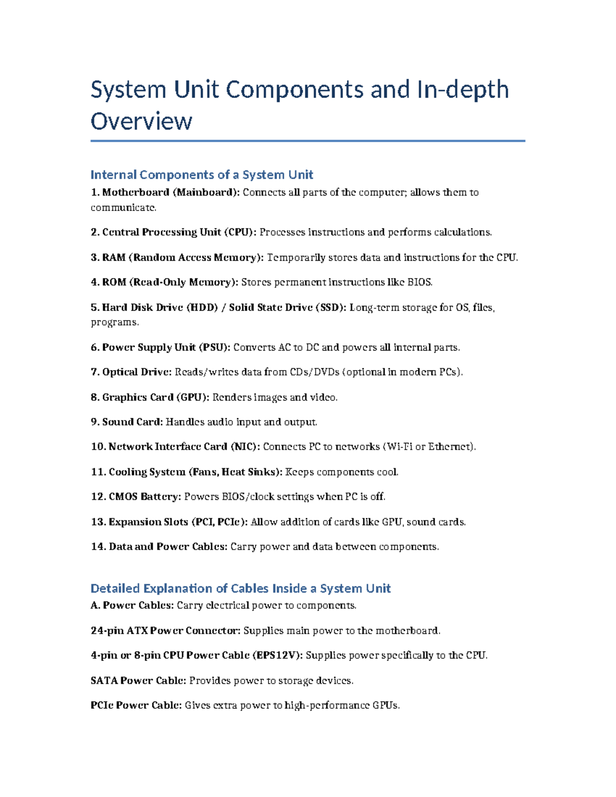 System Unit Components Overview: A Deep Guide - Studocu
