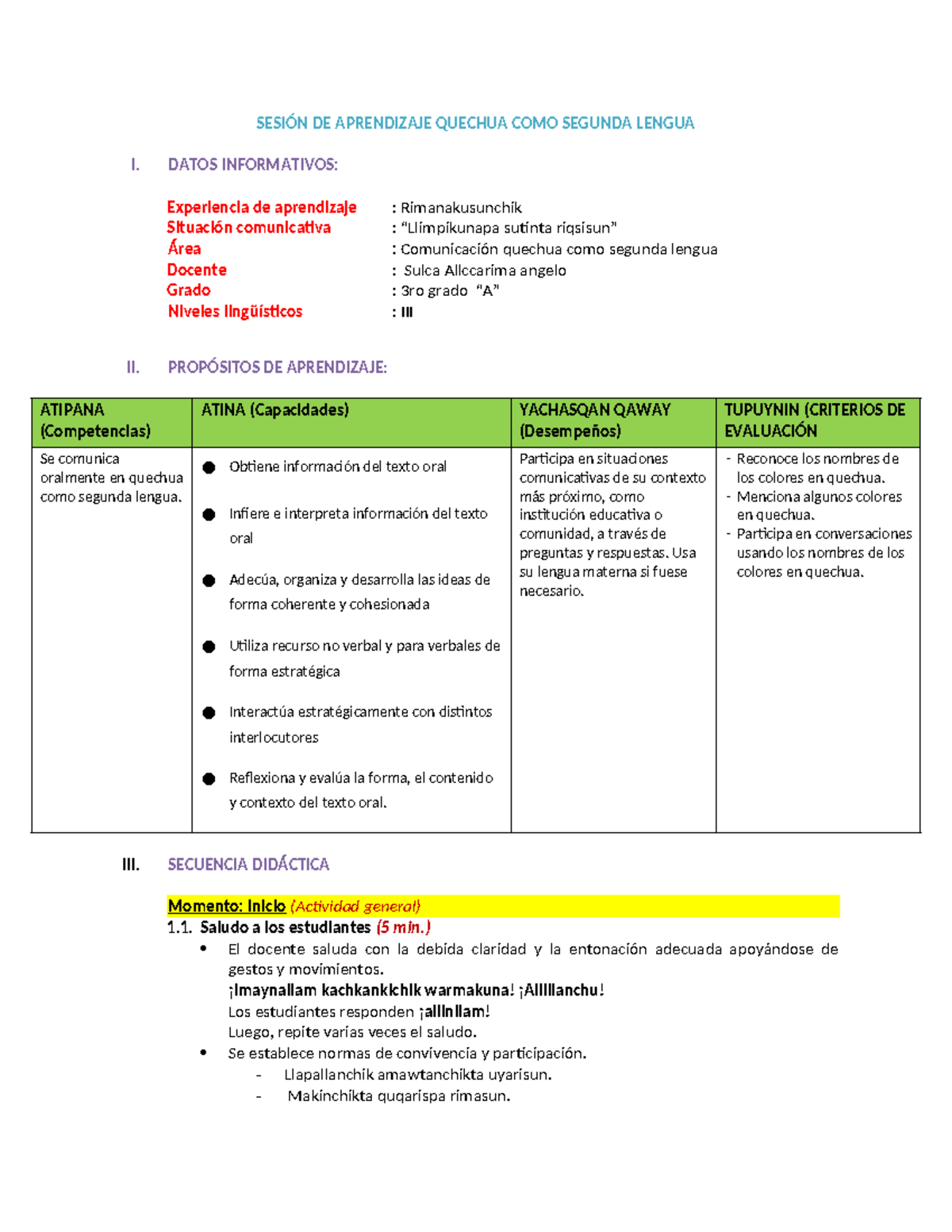 SESION DE APRENDIZAJE QUECHUA COMO SEGUNDA LENGUA I - 3RO GRADO - Studocu