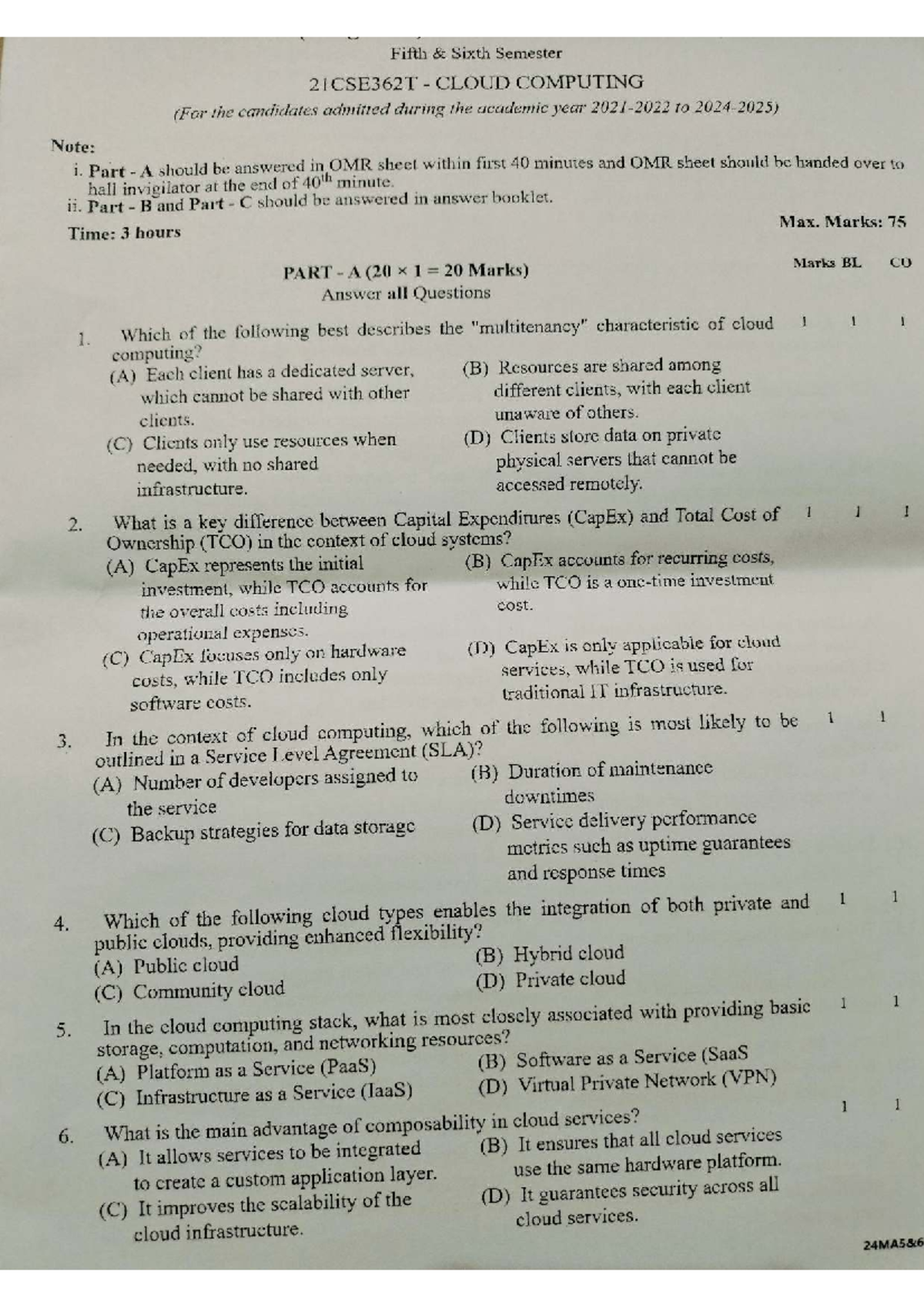 21CSE362T Cloud Computing Question Paper - Fifth Sixth Semester 2025 ...