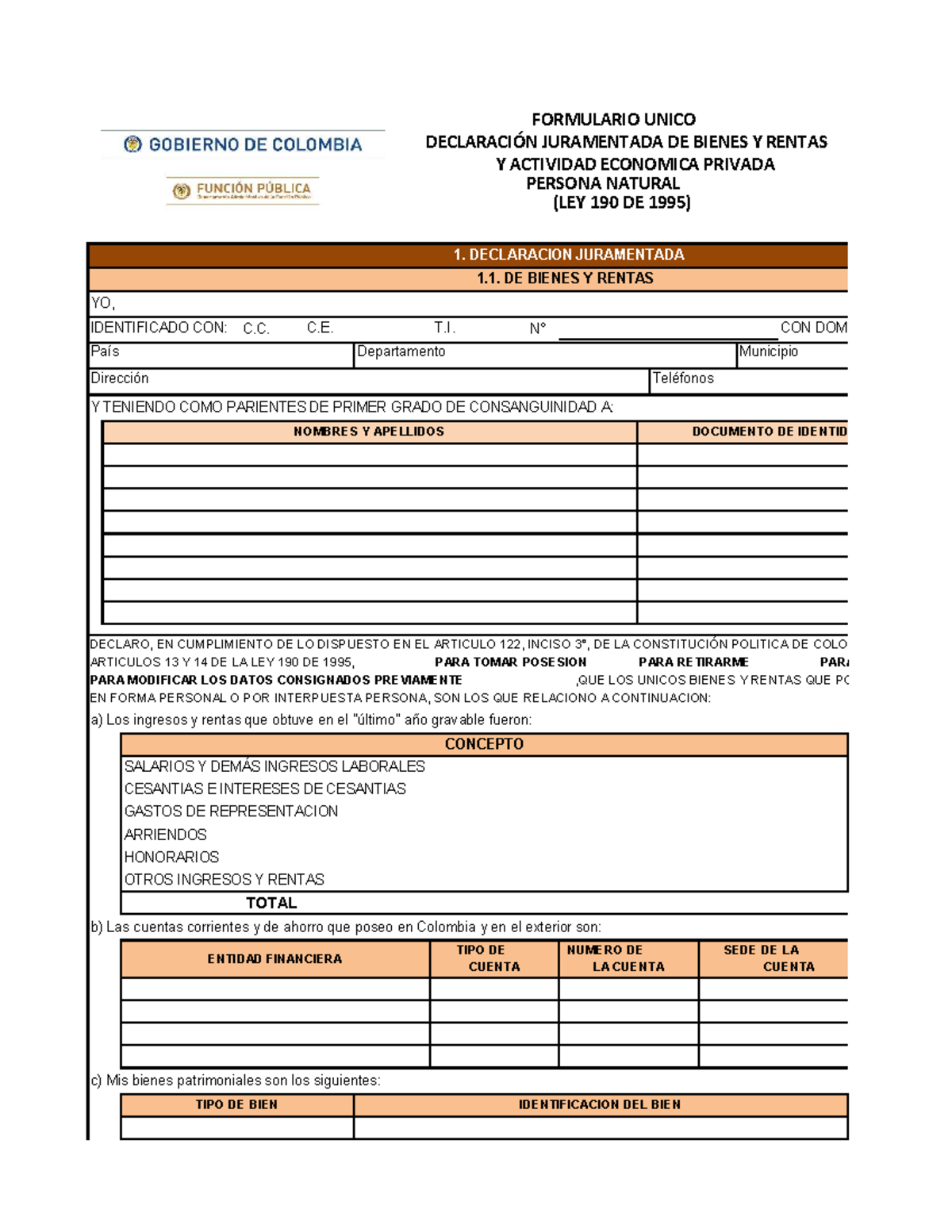 Formato de Declaración Juramentada de Bienes y Rentas - Ley 190/1995 ...