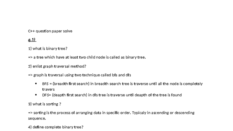 Solve DS QP: Binary Trees, Graph Traversal, Sorting & More - Studocu