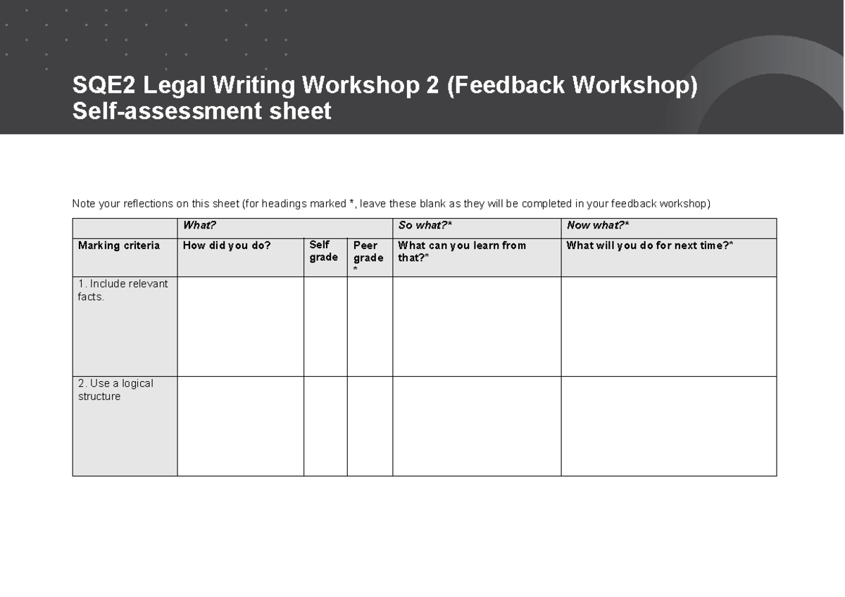 SQE2 Legal Writing Workshop 2: Self-Marking Sheet & Reflections - Studocu