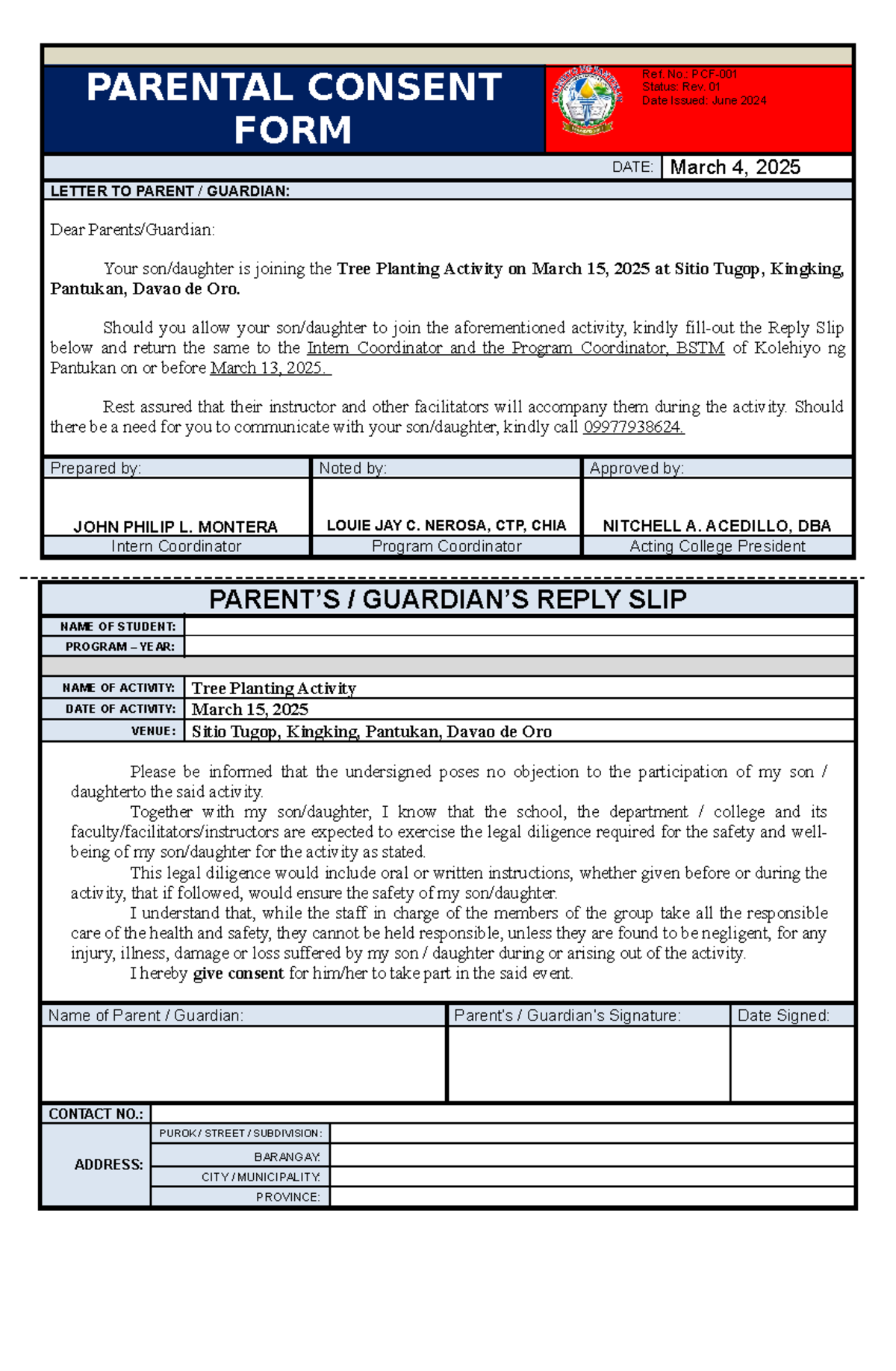 Parental Consent for BSTM TREE Planting - PARENT’S / GUARDIAN’S REPLY ...