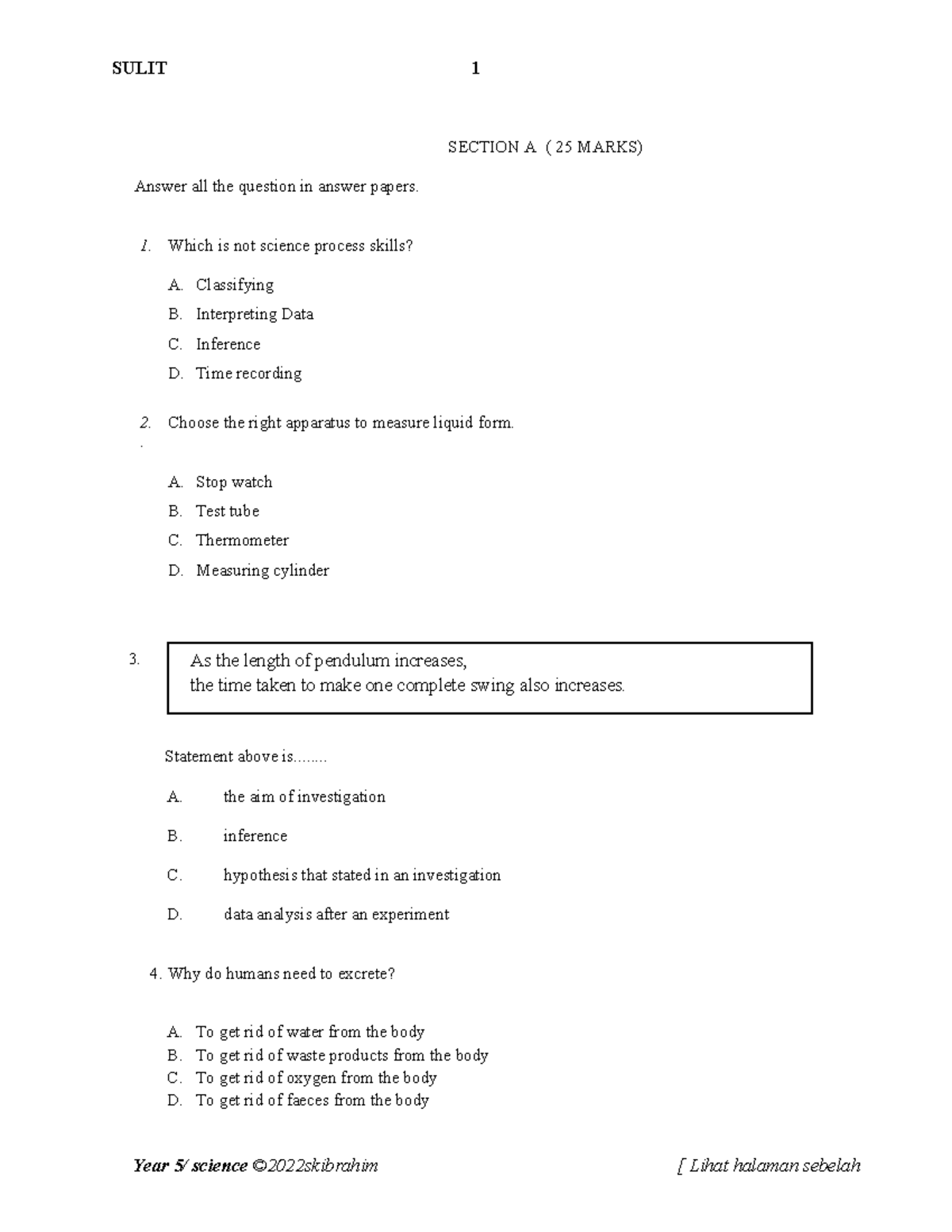 Science Year 5 DLP 2022: SULIT 1 Section A Exam Questions - Studocu