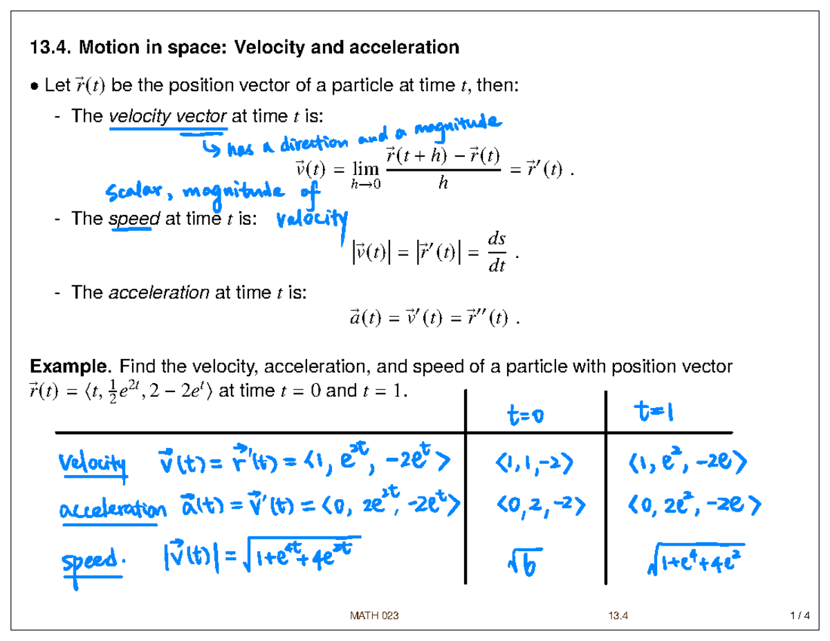MATH 023: Motion in Space - Velocity & Acceleration Notes - Studocu