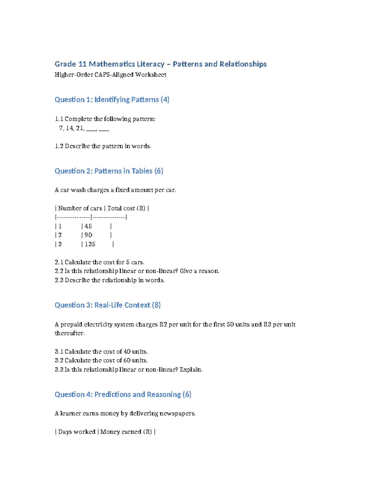 Grade 11 Maths Lit: Patterns & Relationships Worksheet - Studocu
