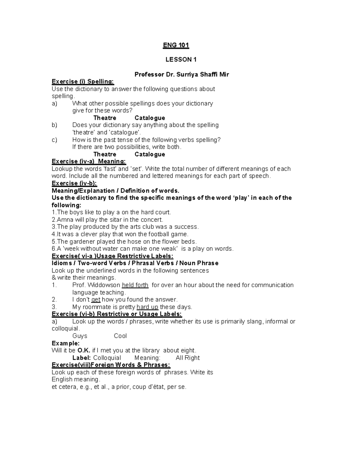 ENG 101 LESSON 1: Spelling, Meaning, and Usage Exercises - Studocu