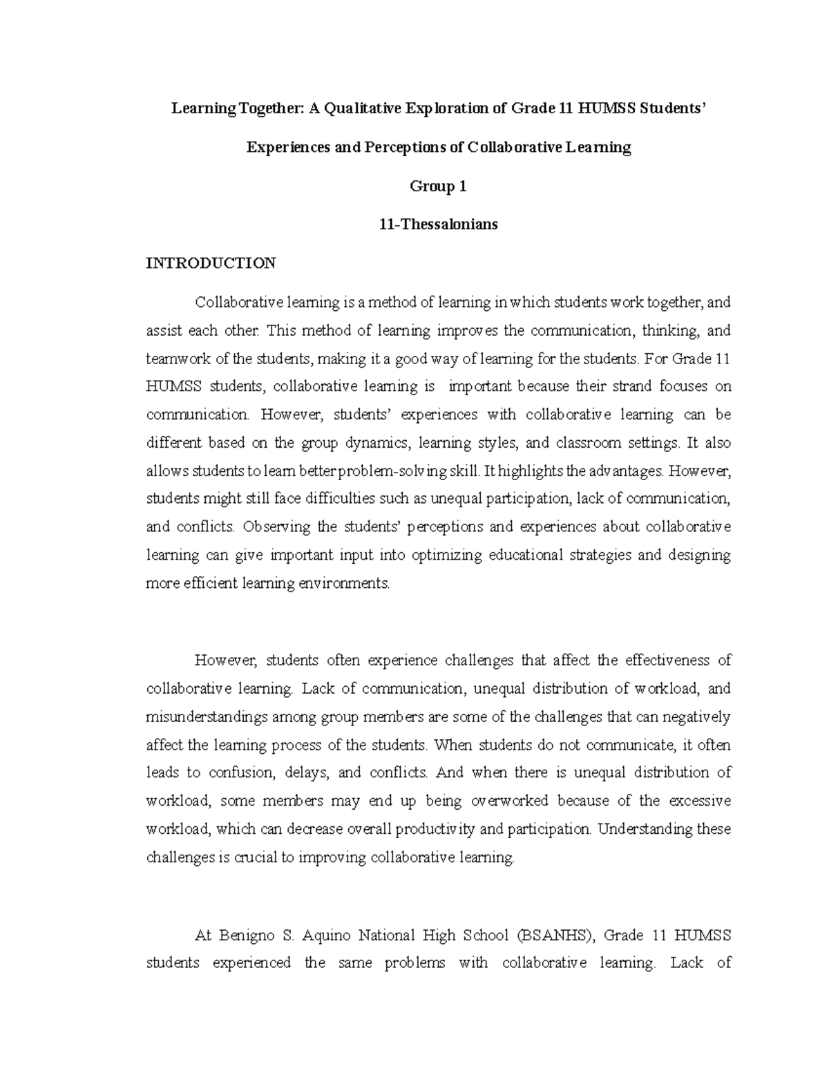 Exploring Collaborative Learning: Grade 11 HUMSS Student Insights - Studocu