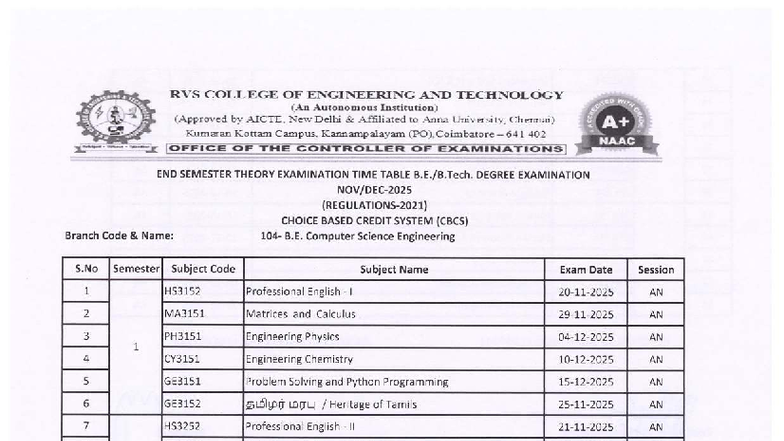 RVS College of Engineering & Technology: End Semester Exam Timetable (UG) - Studocu