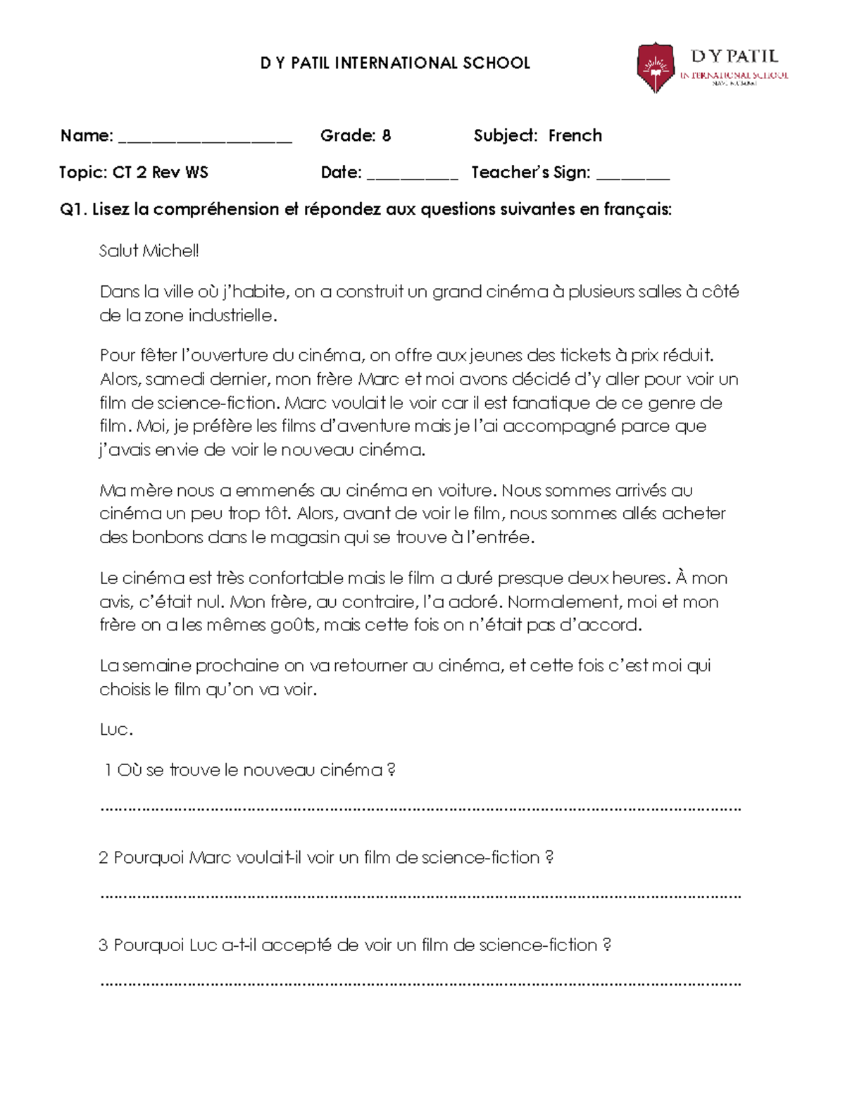 GR 8 CT 2 REV WS 2025-26 - French Comprehension & Grammar Exercises ...