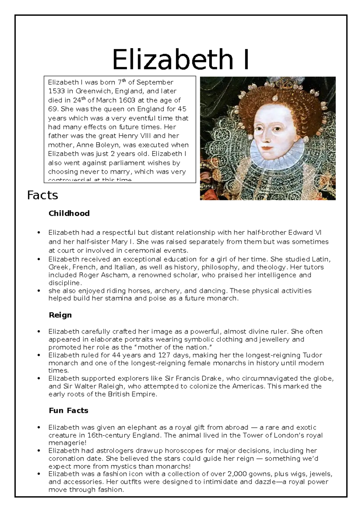 Elizabeth I Fact File: Key Events and Insights on Her Reign - Studocu