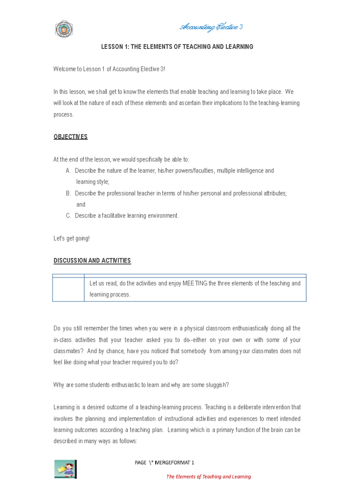 Accounting Elective PMTA - Lesson 1: Elements of Teaching & Learning ...