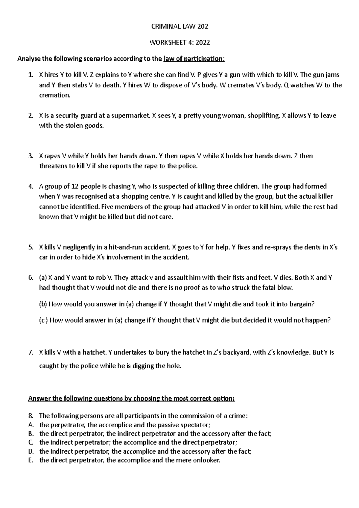 Worksheet 4 Participation - CRIMINAL LAW 202 WORKSHEET 4: 2022 Analyse ...