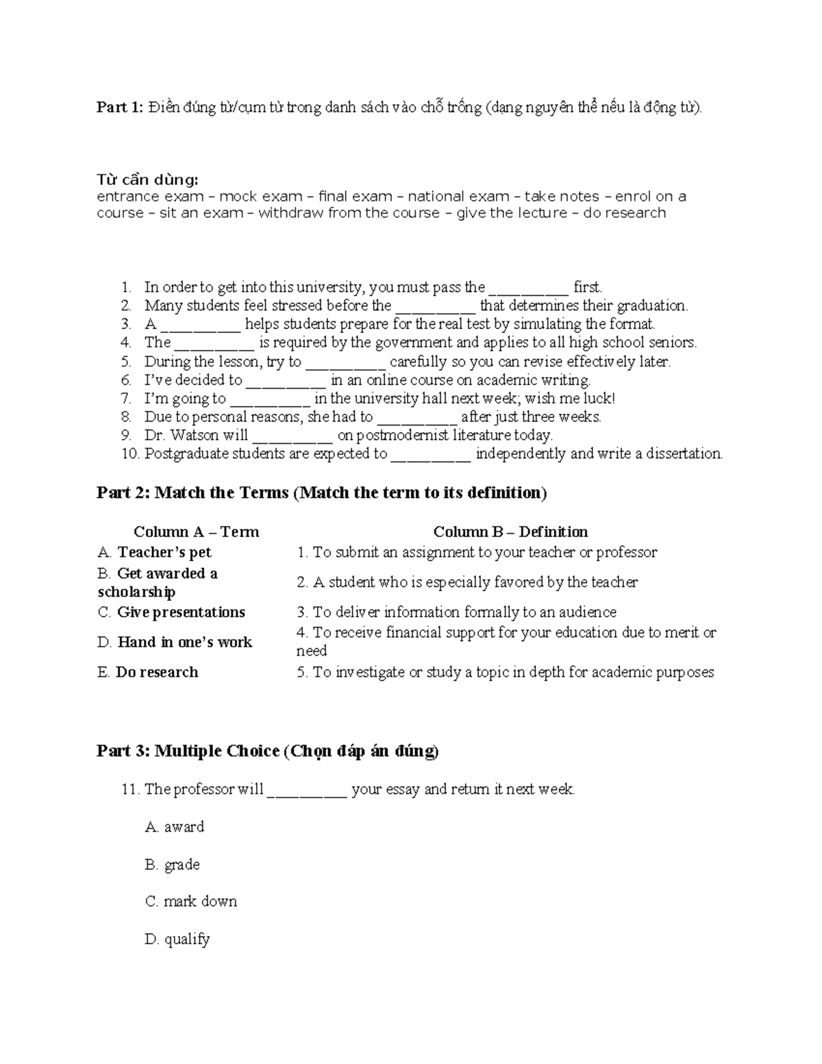Part 1: Vocabulary Exercises for Entrance Exam Preparation - Studocu