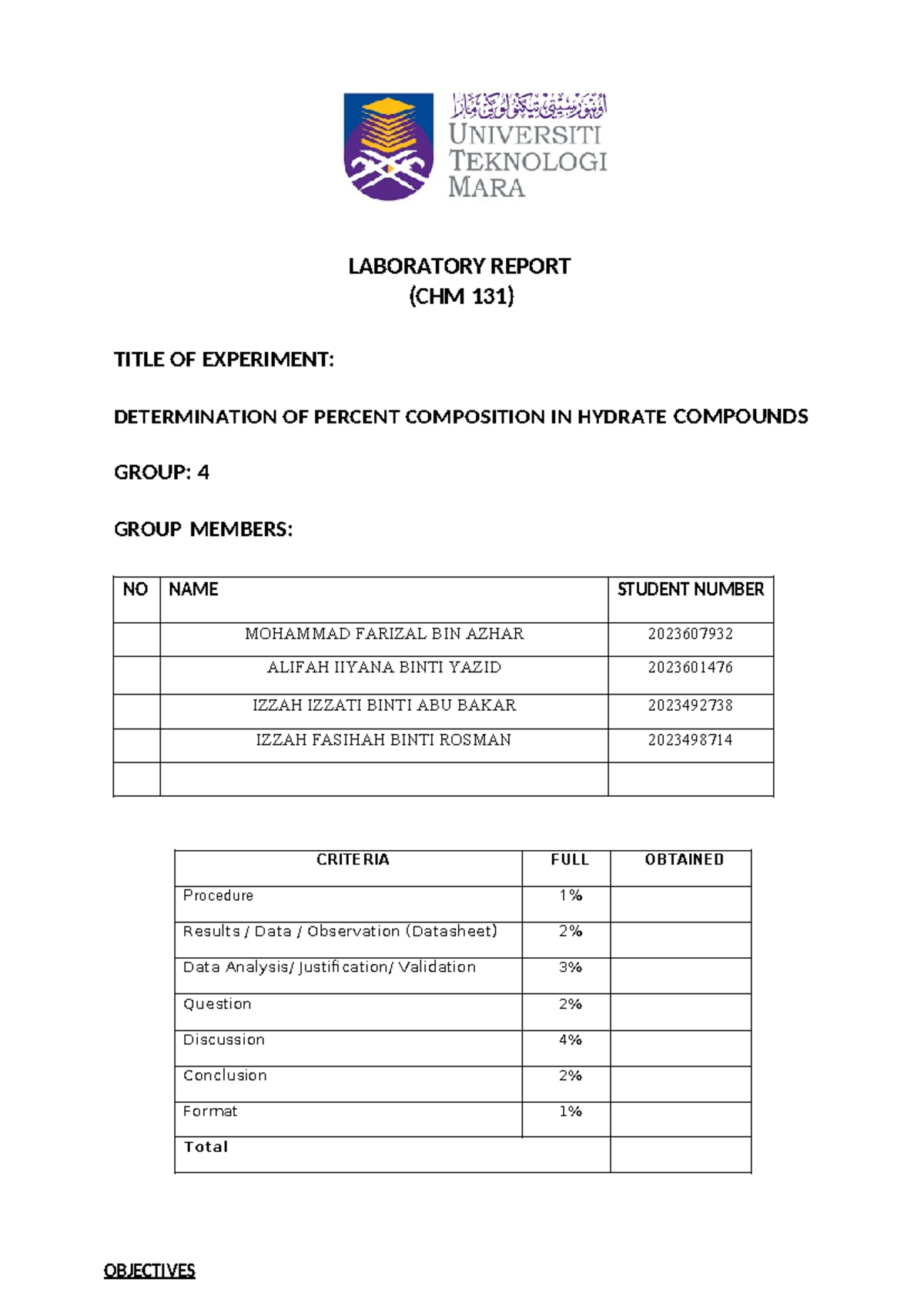 LAB Report on Percent Composition of Hydrate Compounds (CHM 131) - Studocu