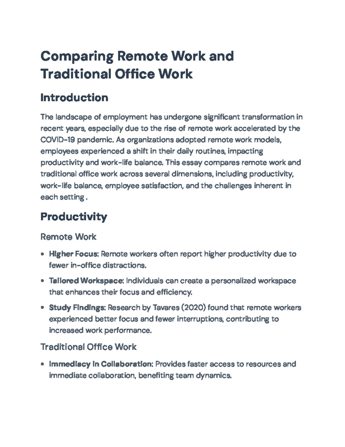 Comparing Remote Work vs Traditional Office Work: A Comprehensive Essay - Studocu