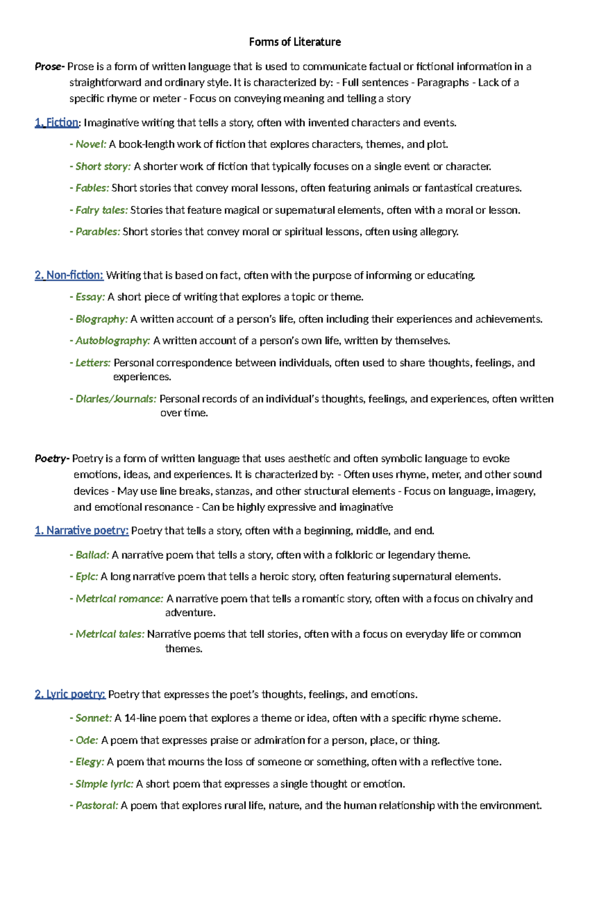 Forms of Literature: Lecture Notes on Prose, Poetry, and Drama - Studocu