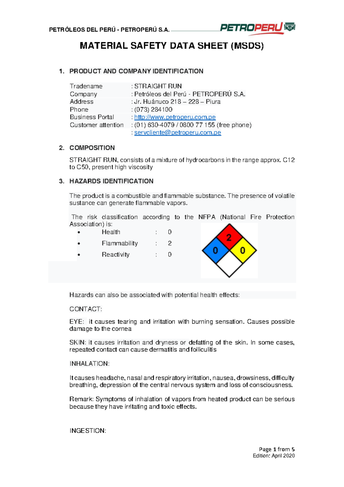 MSDS for Straight Run Fuel Oil - PETROPERÚ S.A. - Studocu