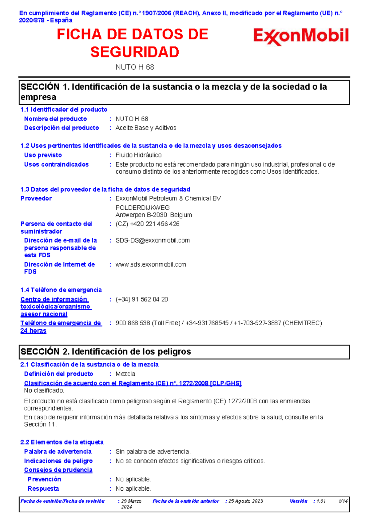 FICHA DE DATOS DE SEGURIDAD: Aceite Hidráulico NUTO H 68 (REACH) - Studocu