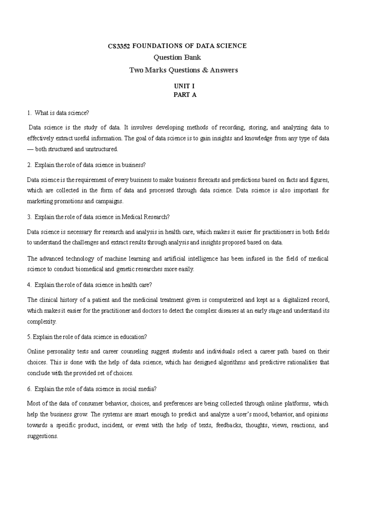 CS3352-FDS Two Marks Question Bank: Foundations of Data Science - Studocu