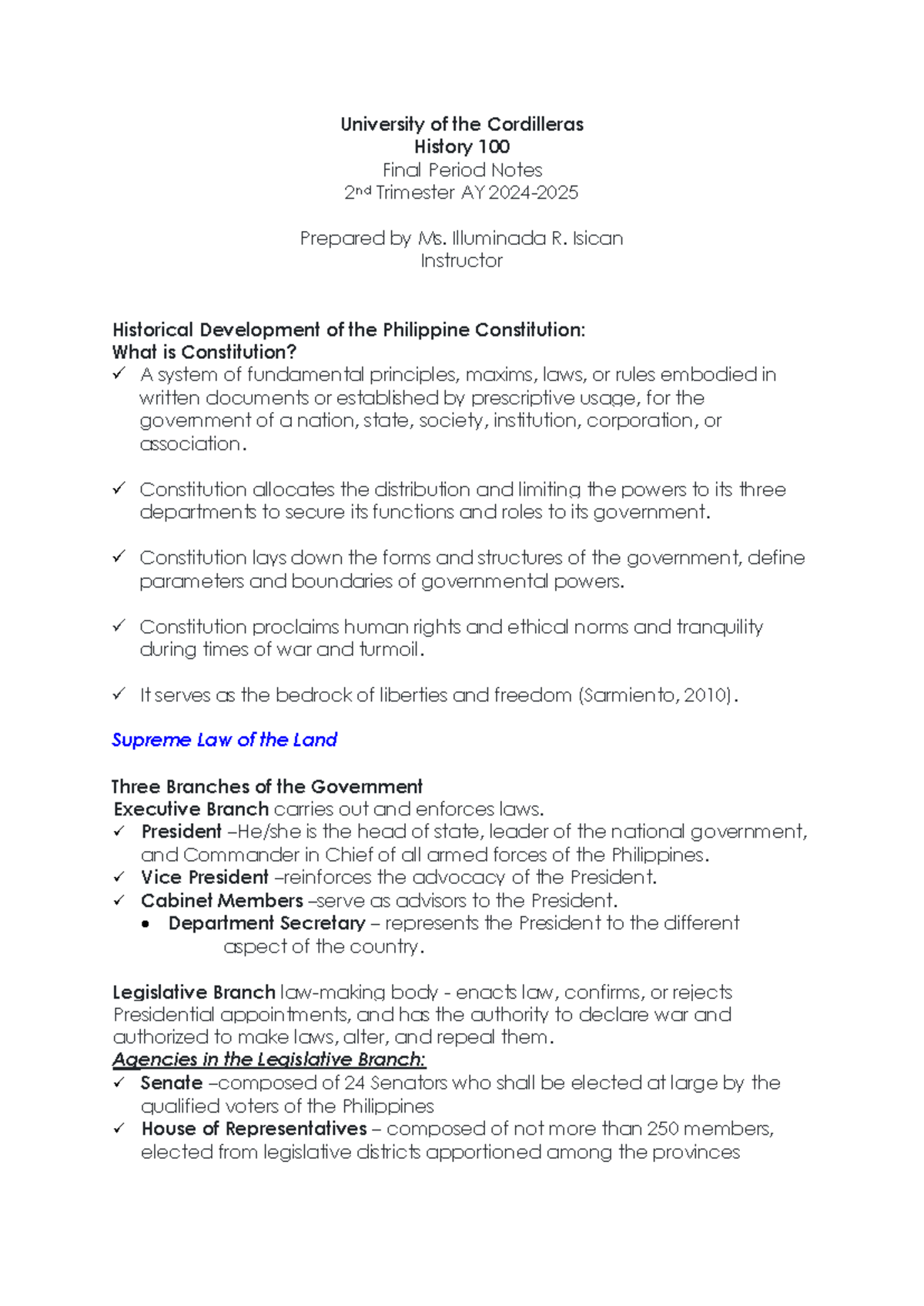 History 100 Final Period Notes: Philippine Constitution Overview - Studocu
