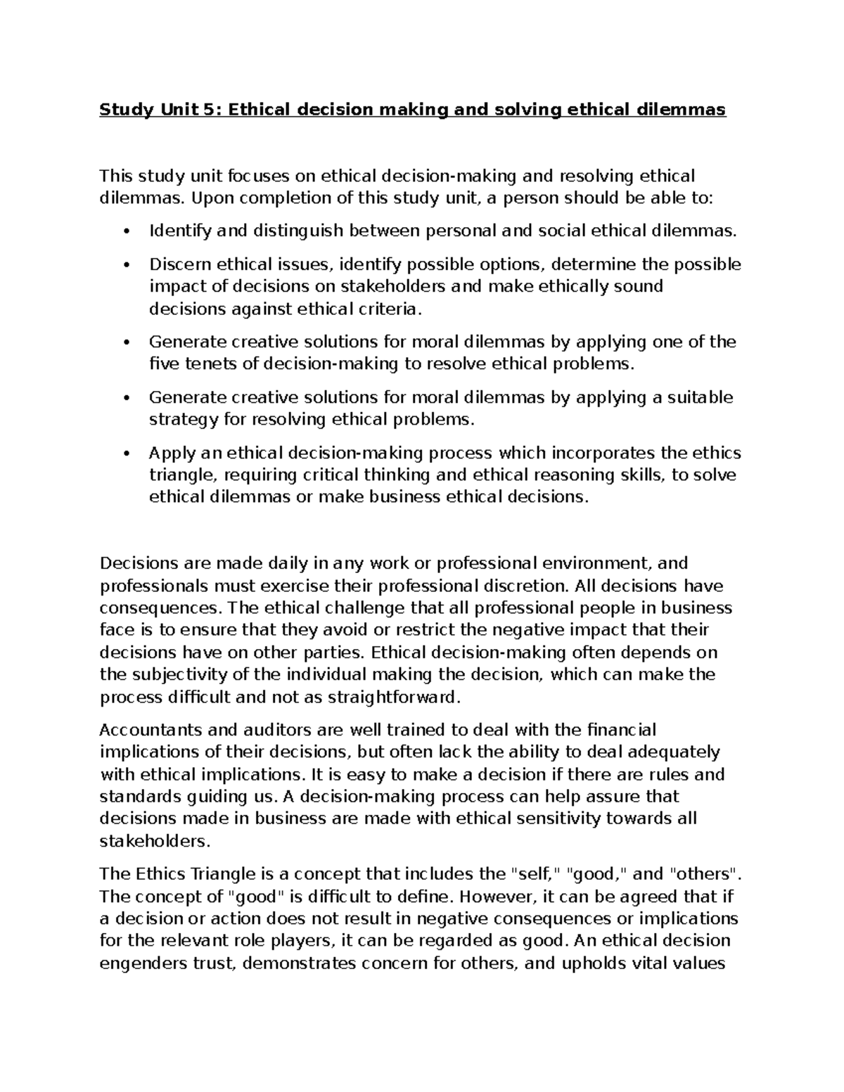 SU5: Ethical Decision Making & Dilemmas Lecture Notes - Studocu