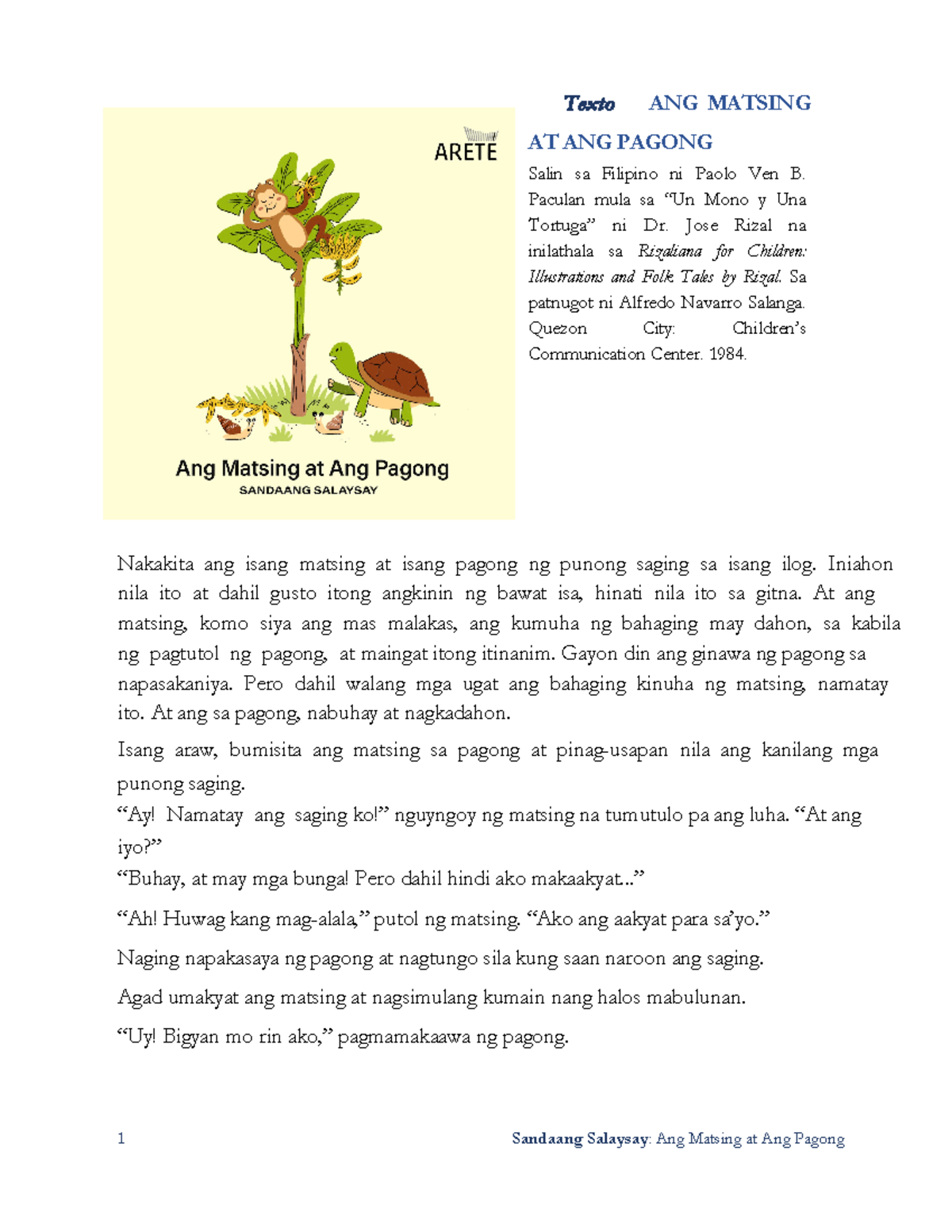 Kwentong Pabula: Ang Matsing at Ang Pagong (Filipino Adaptation) - Studocu