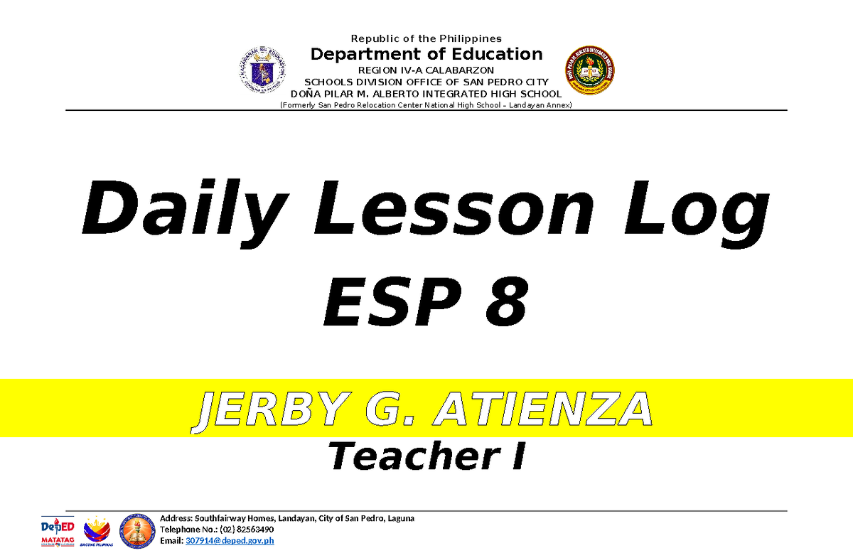 DLL- Coverpage ESP - use for lesson plan cover page - Teacher Education ...