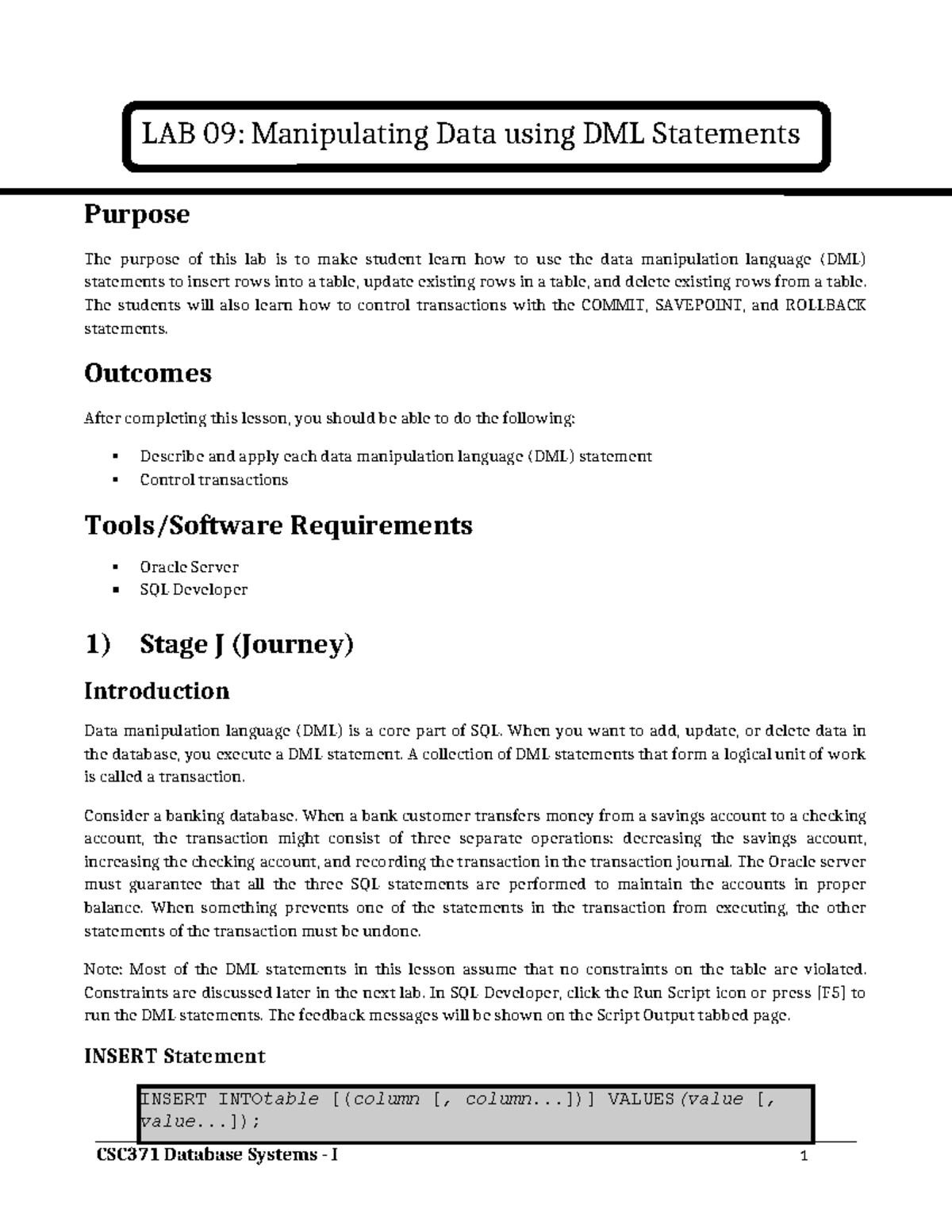 LAB 09: DML Statements for Data Manipulation in SQL (CSC371) - Studocu