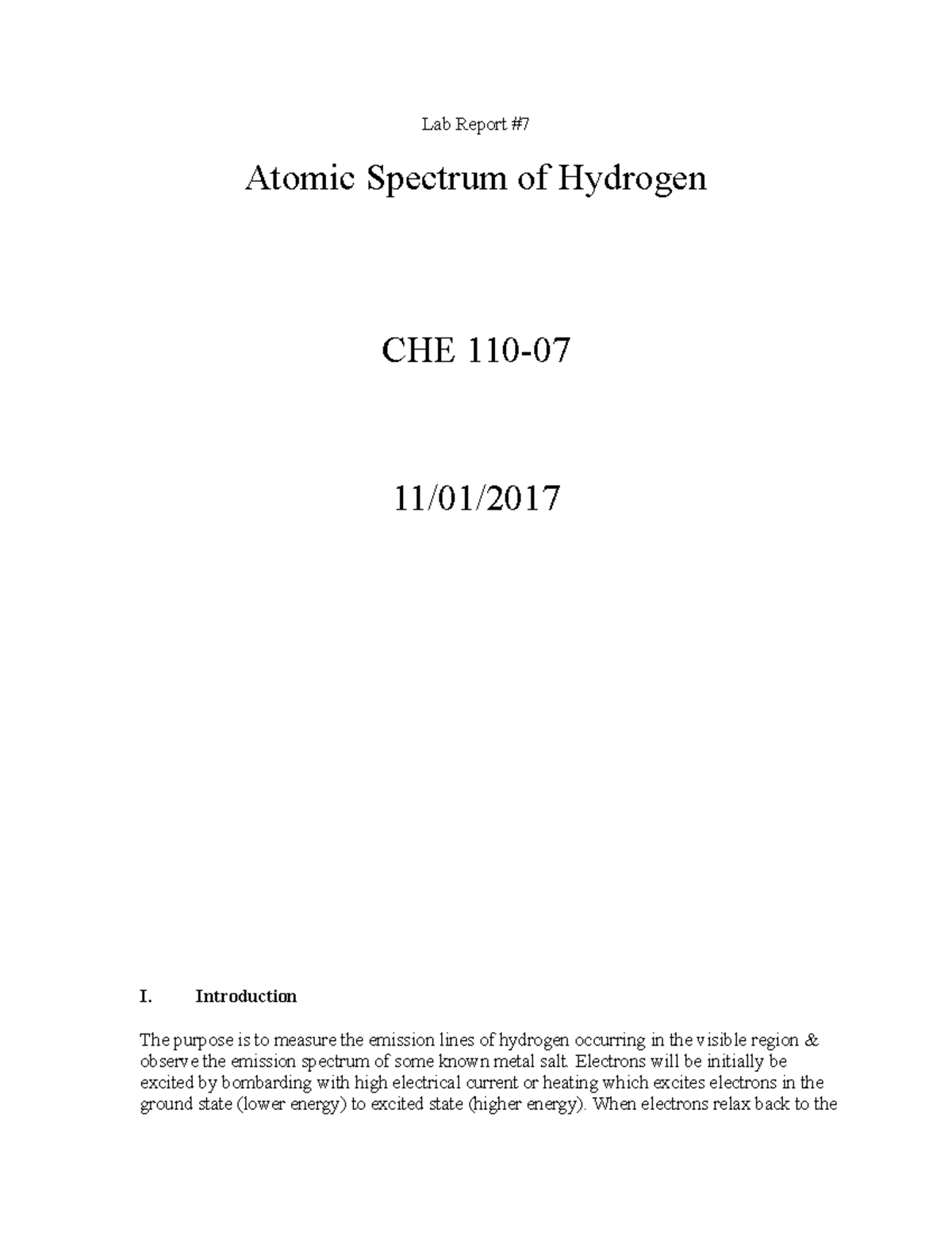 Chem Lab #7: Analyzing the Atomic Spectrum of Hydrogen - Studocu