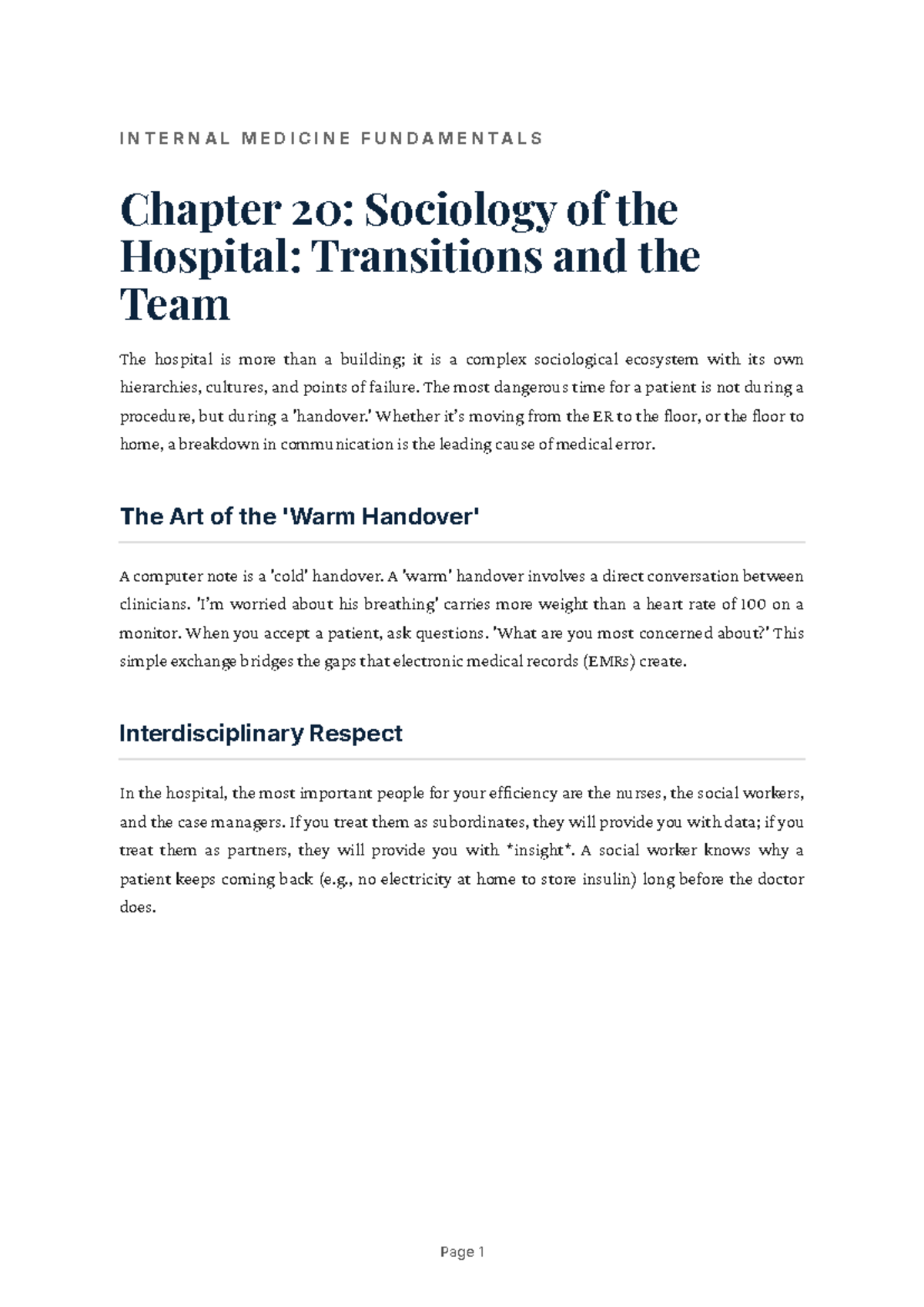 INTERNAL MEDICINE FUNDAMENTALS: Ch 20 - Sociology of the Hospital - Studocu